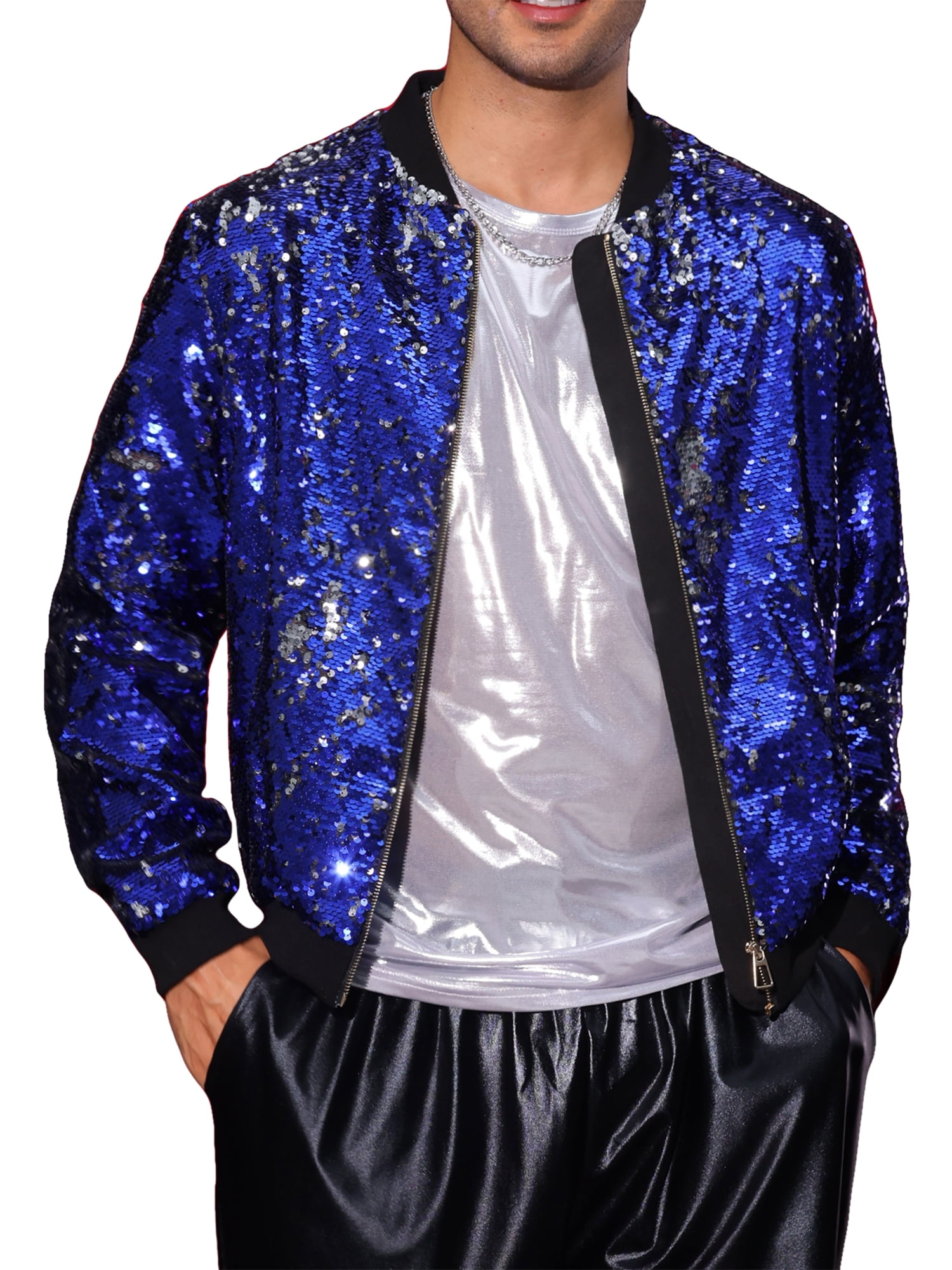 Shiny Sequin BomberJacket for Men's Zip Up Party Disco Metallic Varsity ...