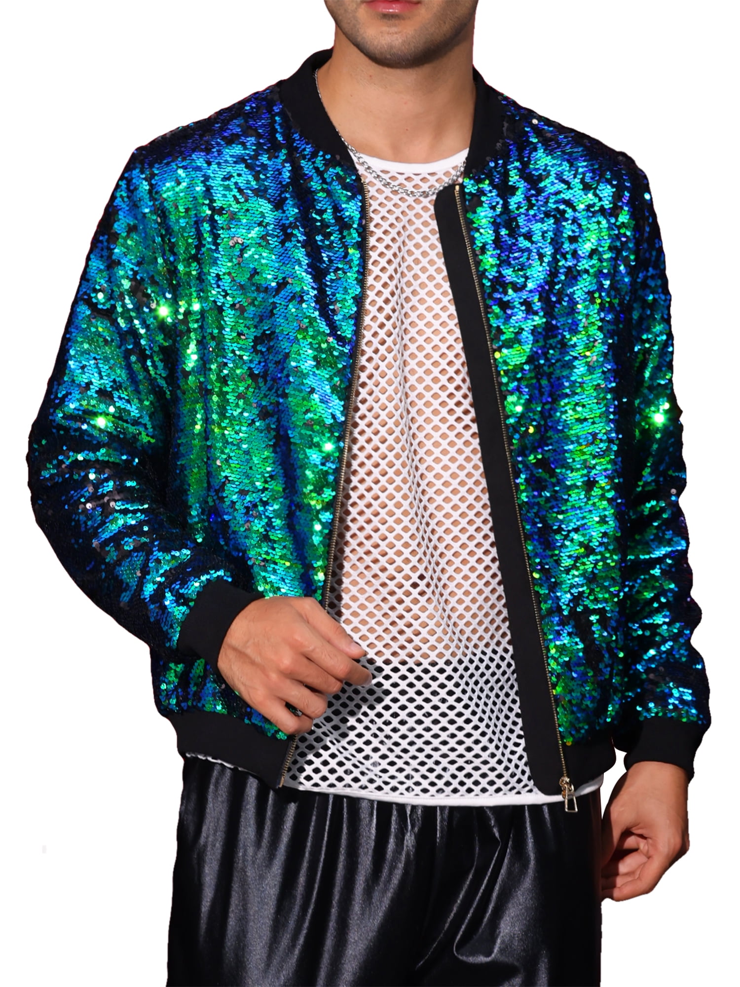 Shiny Sequin BomberJacket for Men's Zip Up Party Disco Metallic Varsity ...