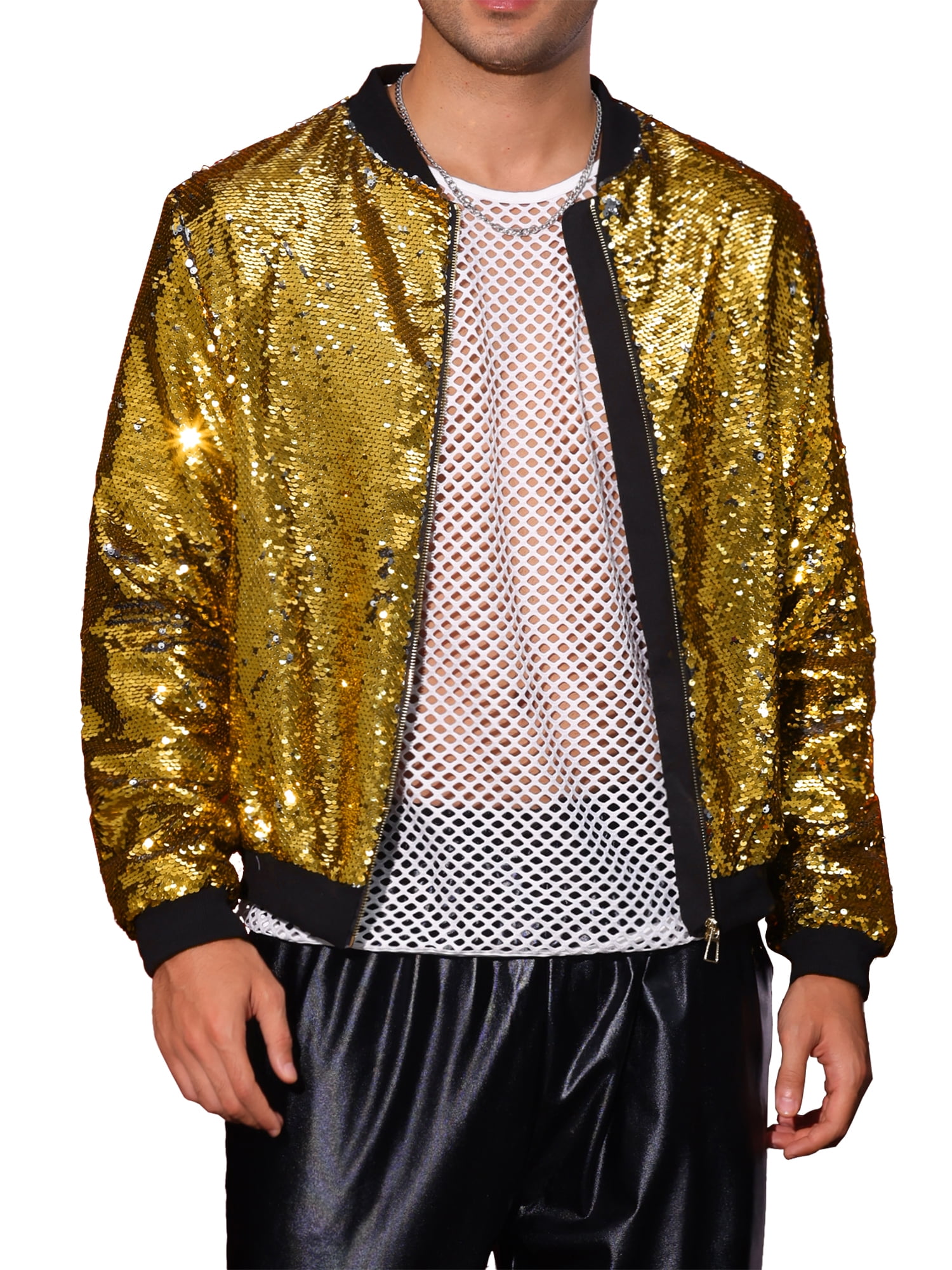 Shiny Sequin BomberJacket for Men's Zip Up Party Disco Metallic Varsity ...