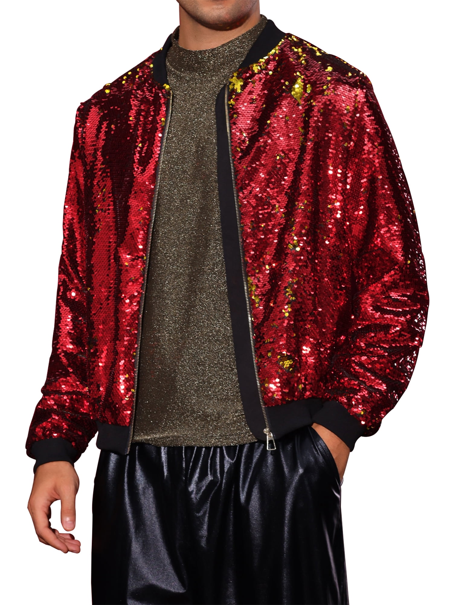 Shiny Sequin BomberJacket for Men's Zip Up Party Disco Metallic Varsity ...