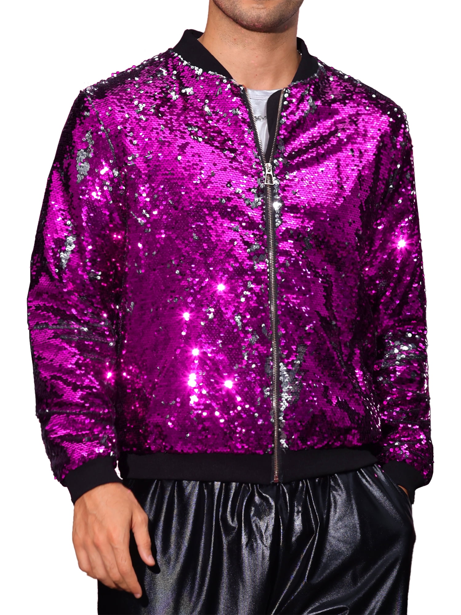 Shiny Sequin BomberJacket for Men's Zip Up Party Disco Metallic Varsity ...