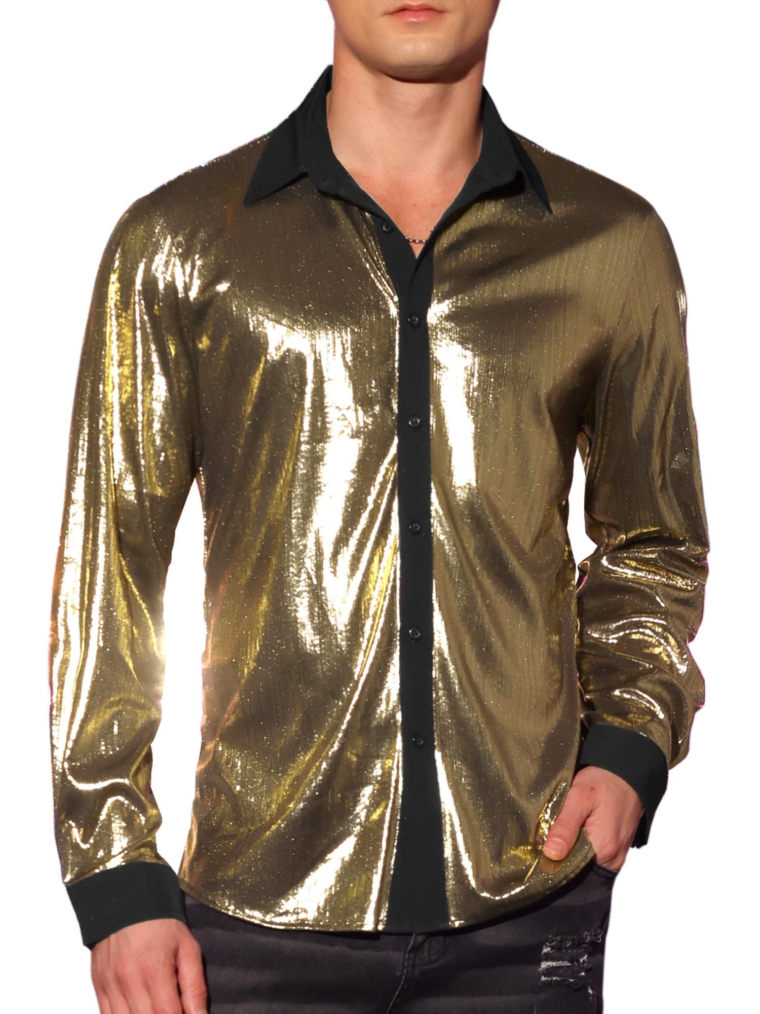 INSPIRE CHIC Shiny Shirt for Men's Long Sleeves Party Nightclub Glitter ...