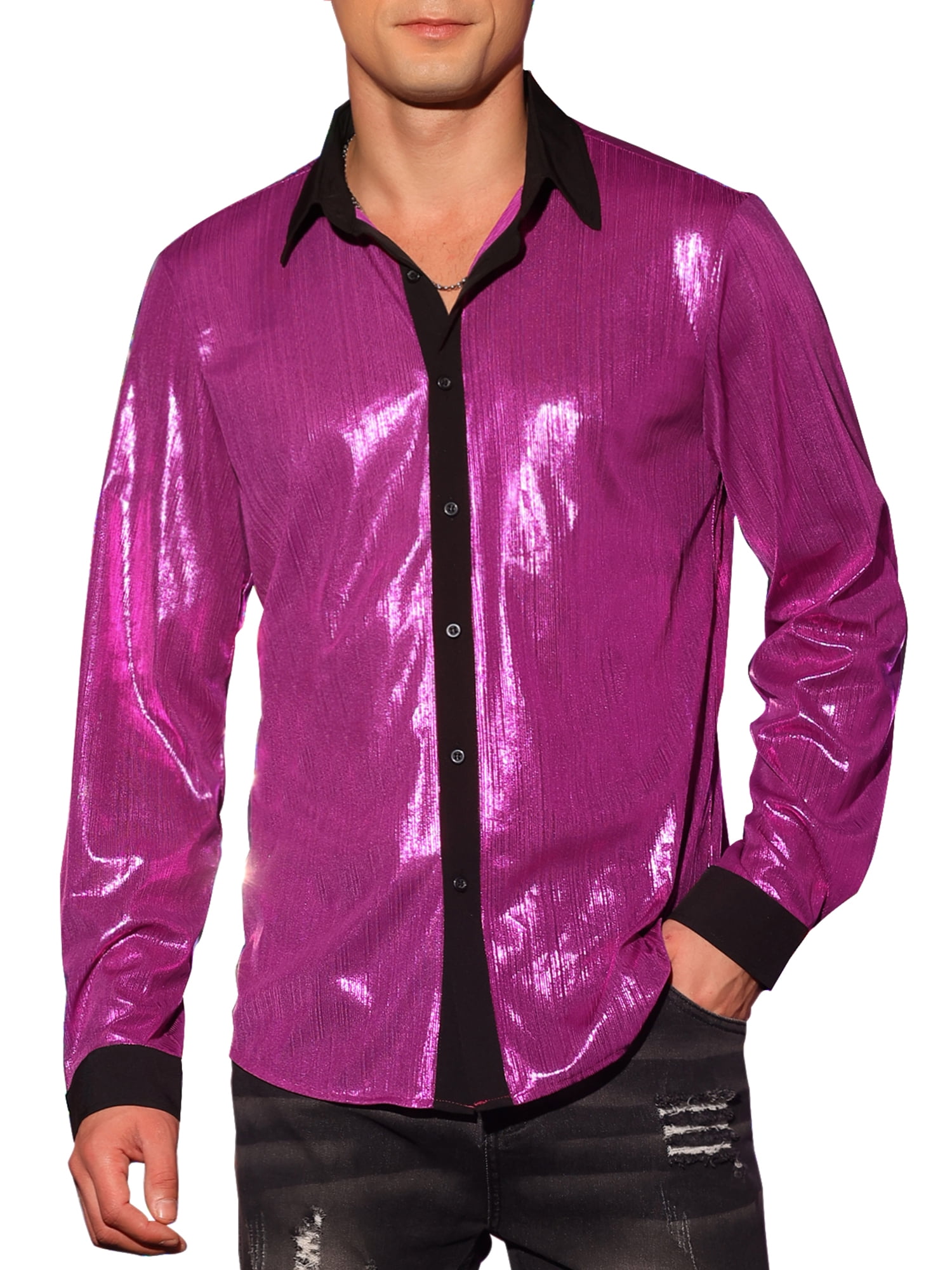 Lars Amadeus Shiny Shirt for Men's Long Sleeves Party Nightclub Glitter Metallic Shirts ...