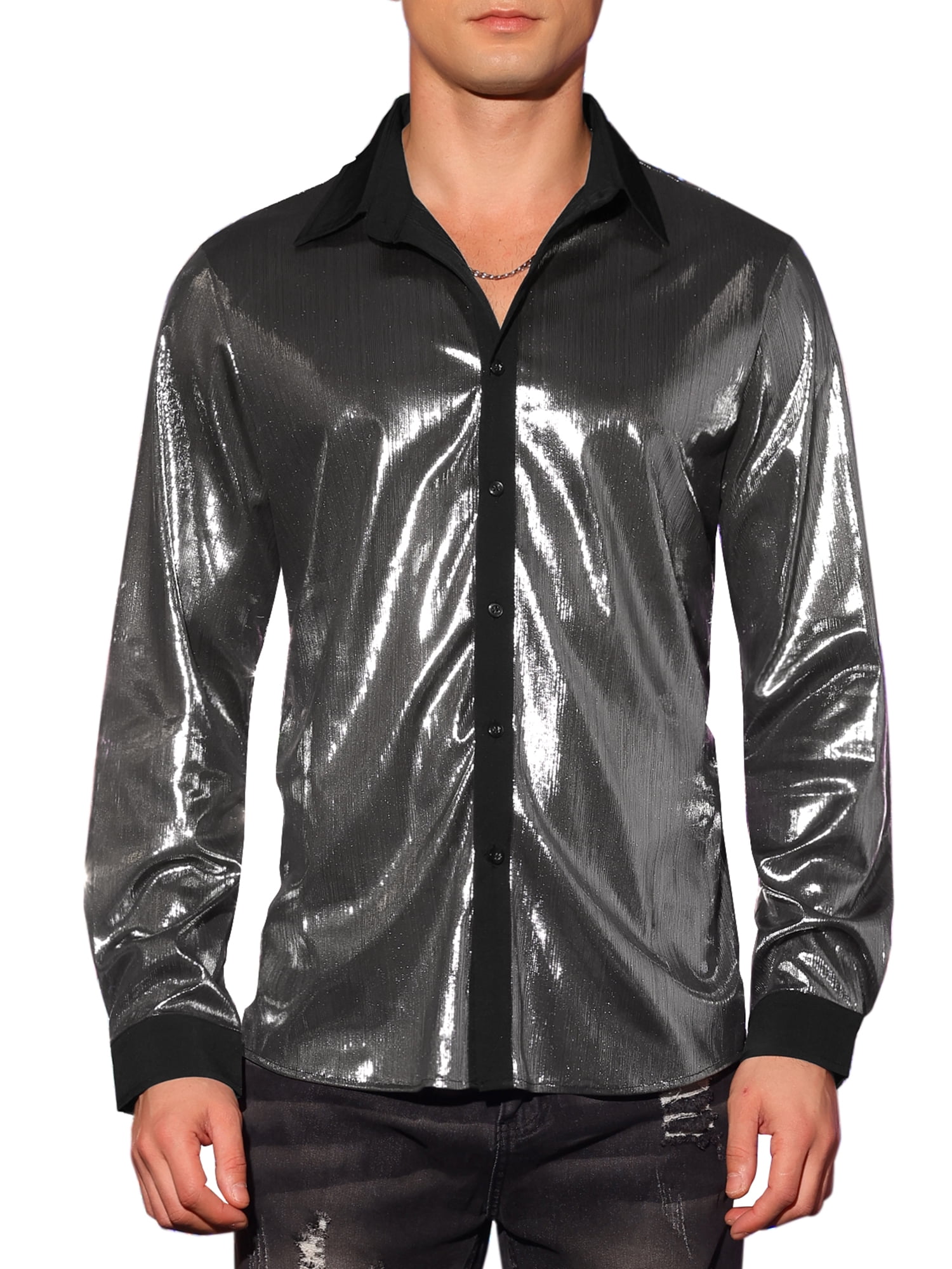 INSPIRE CHIC Shiny Shirt for Men's Long Sleeves Party Nightclub Glitter ...