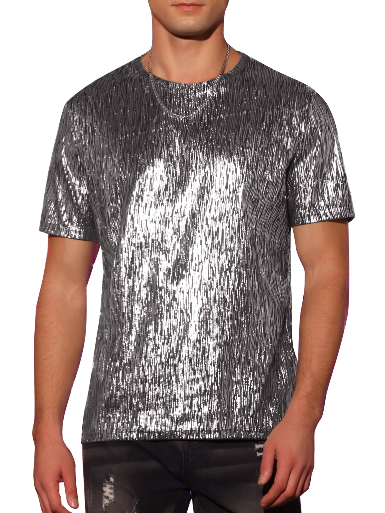 INSPIRE CHIC Shiny T-Shirt for Men's Round Neck Short Sleeves Club Prom Sparkle Tee Top Silver ...