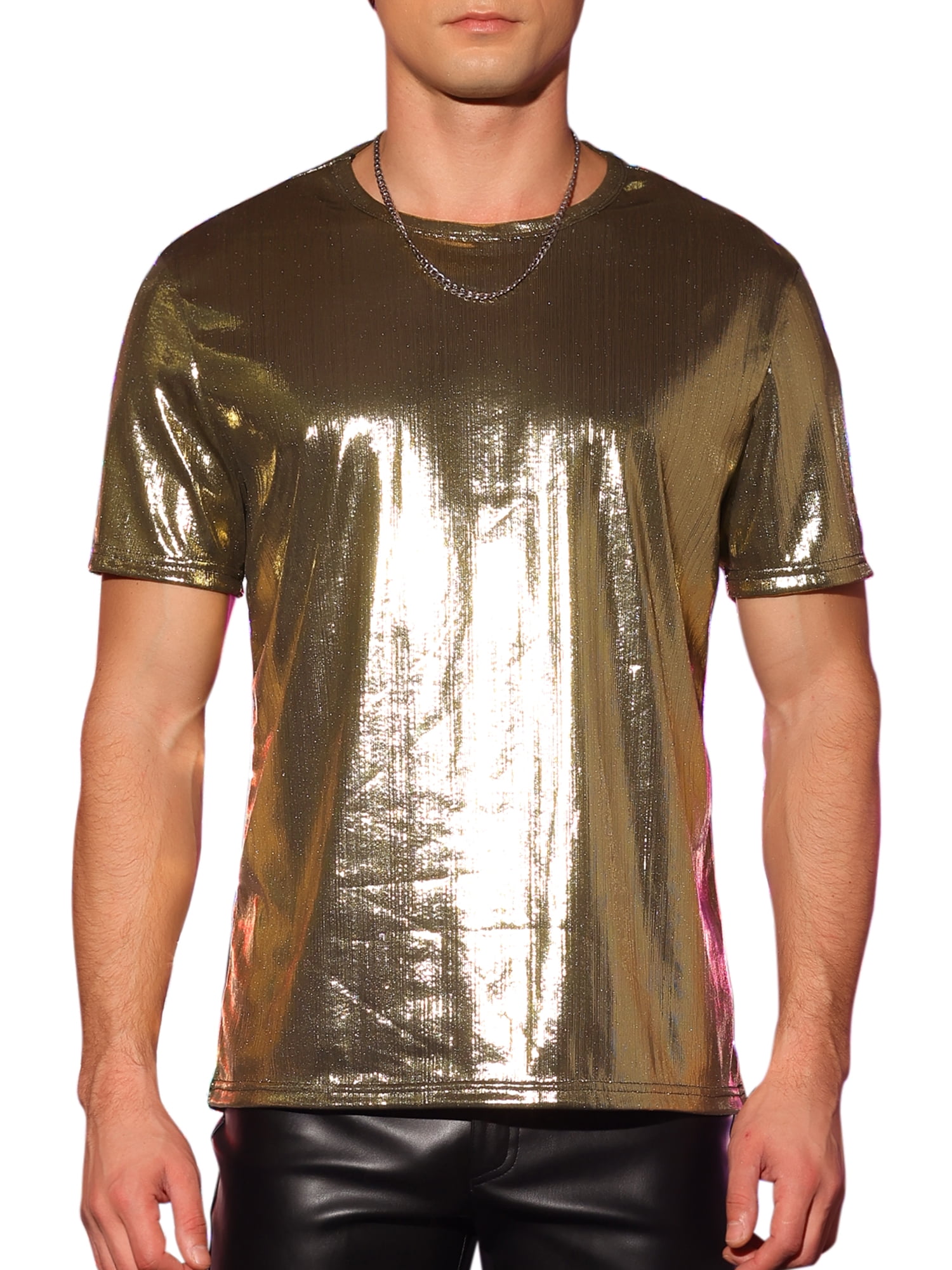 INSPIRE CHIC Shiny Tops for Men's Crew Neck Short Sleeves Metallic ...