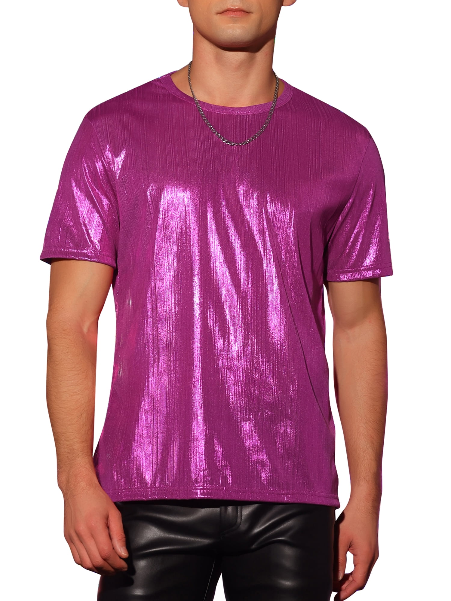 INSPIRE CHIC Shiny Tops for Men's Crew Neck Short Sleeves Metallic ...