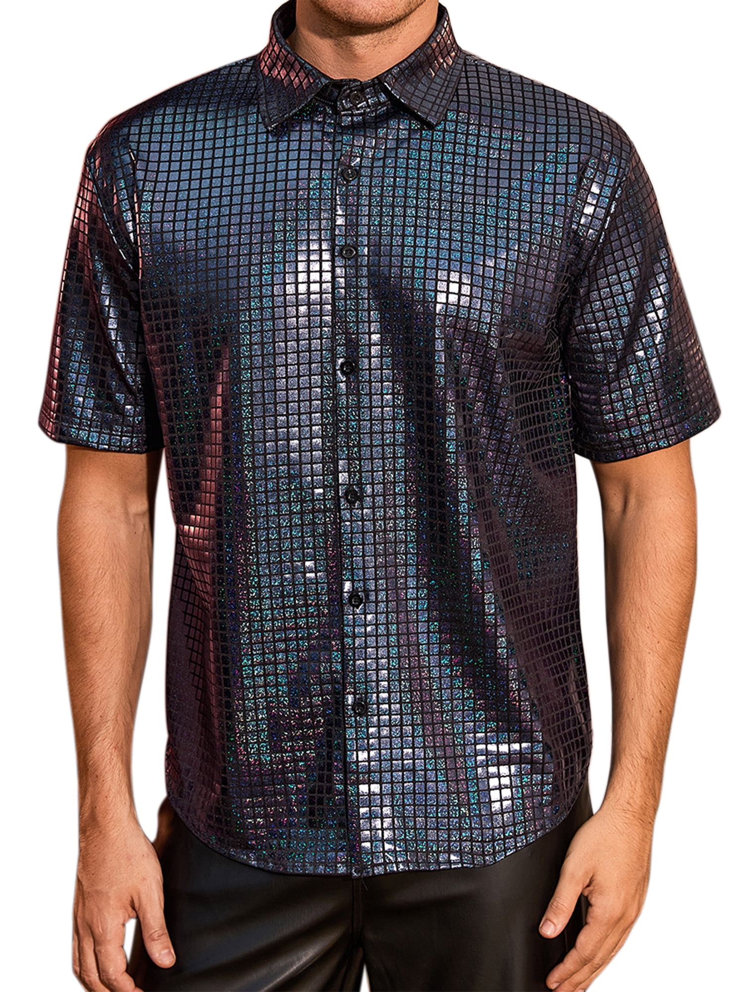 INSPIRE CHIC Shirts for Men's Button Down Short Sleeve Nightclub Prom Shiny Party 70s Disco ...