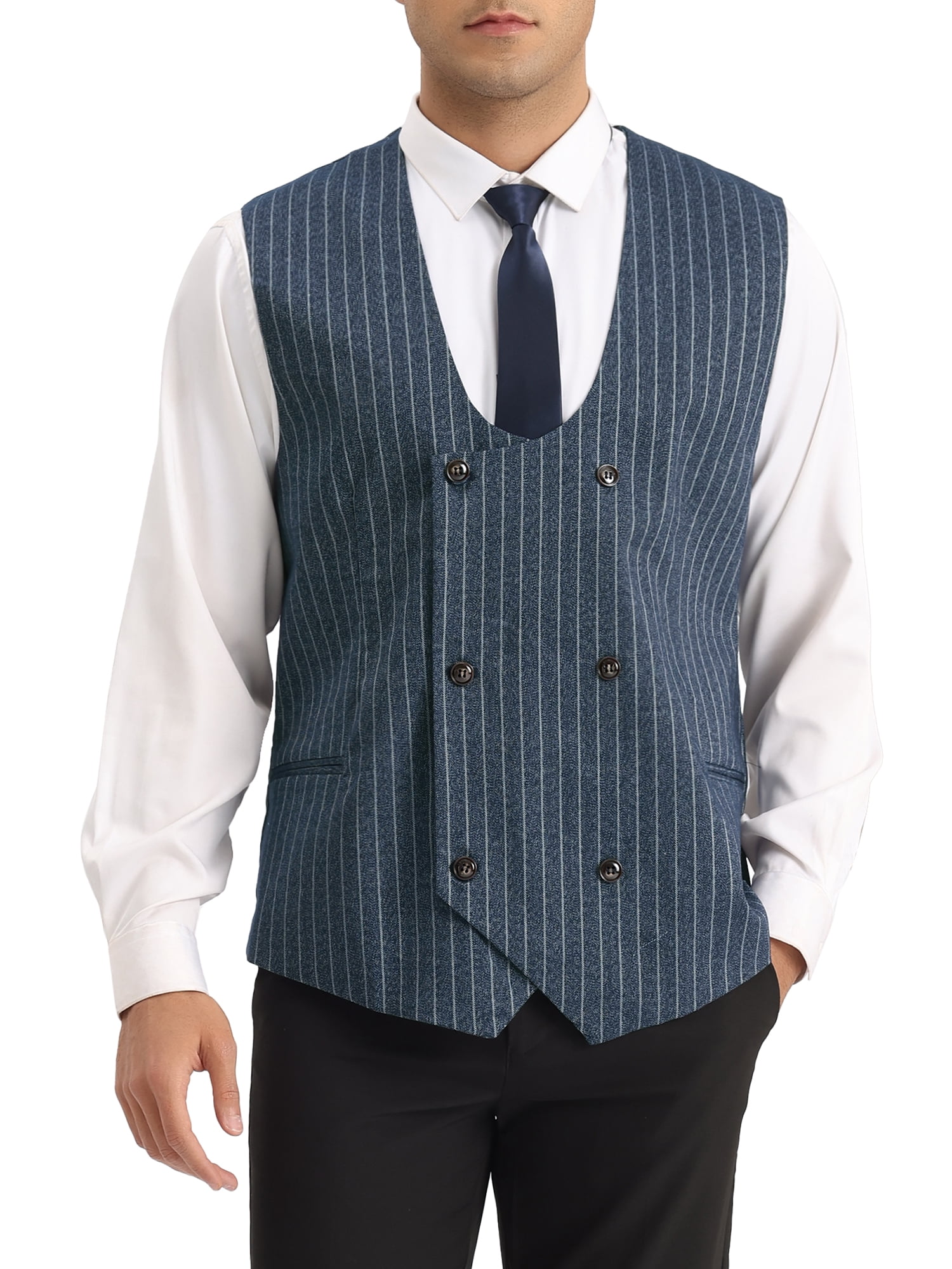 Lars Amadeus Striped Vest for Men's Slim Fit Double Breasted Formal ...
