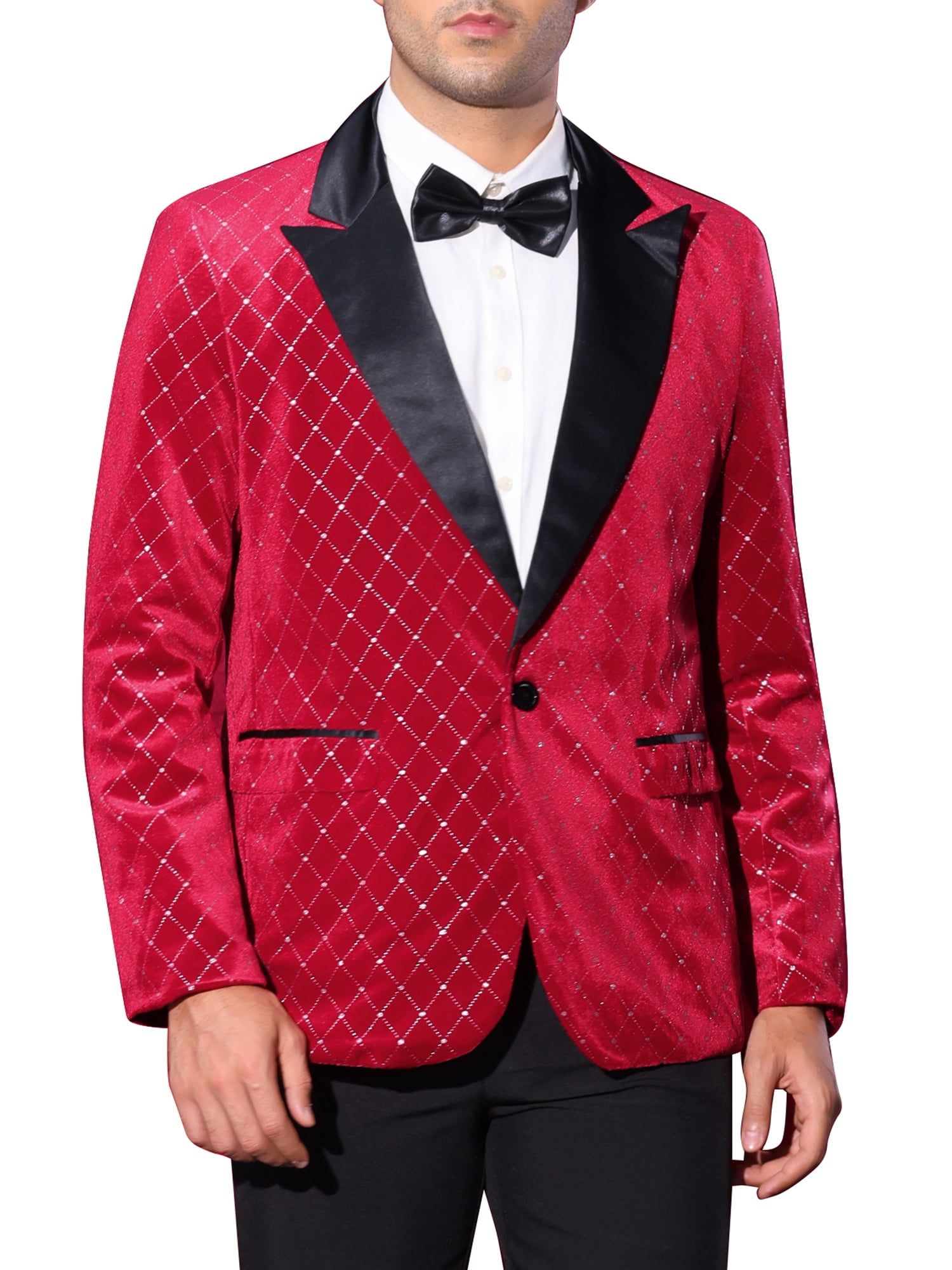 INSPIRE CHIC Men's Blazers Velvet Peak Lapel Argyle One Button Shiny ...