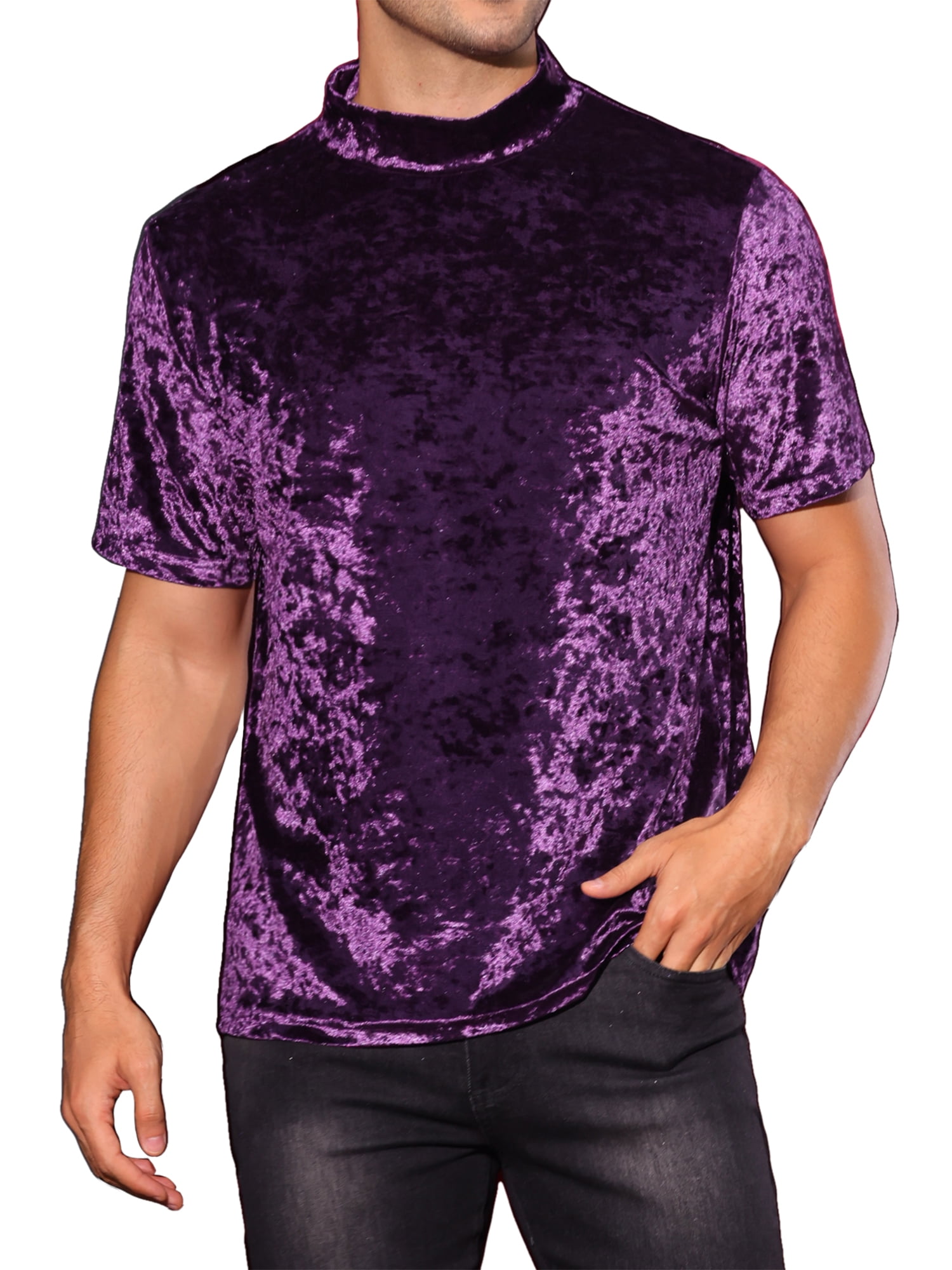 INSPIRE CHIC Velvet T-Shirts for Men's Short Sleeves Mock Neck Pullover ...