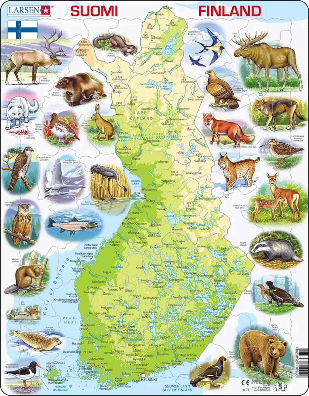Larsen Puzzles Finland Map with Animals 78 Piece Children's Educational ...