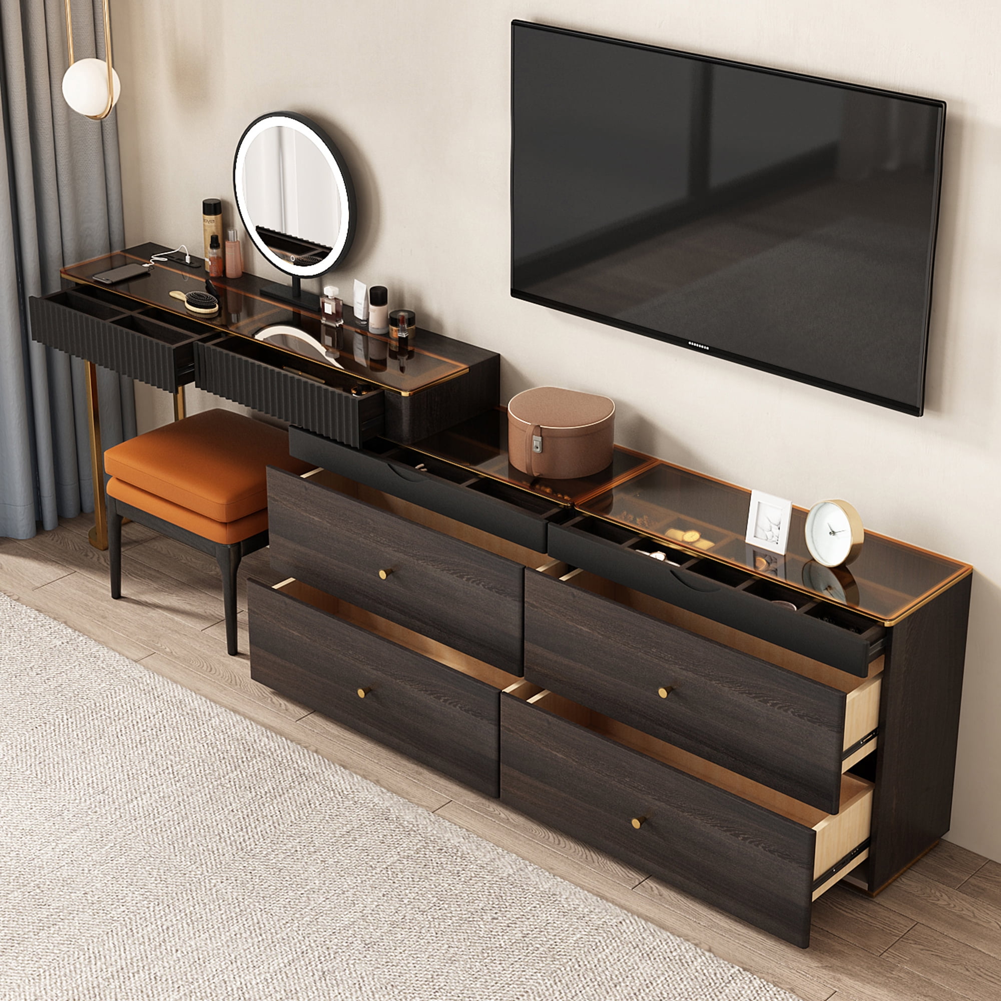 Lartis Makeup Vanity with Stool, Very Easy to Assemble,Retractable TV ...