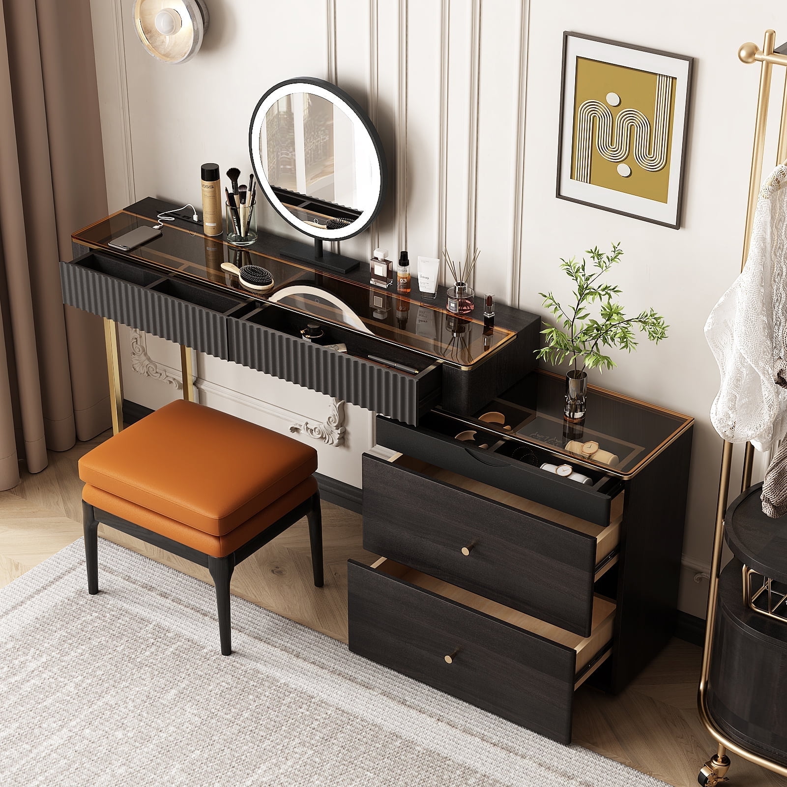 Lartis Makeup Vanity with Stool, Very Easy to Assemble,Retractable TV ...