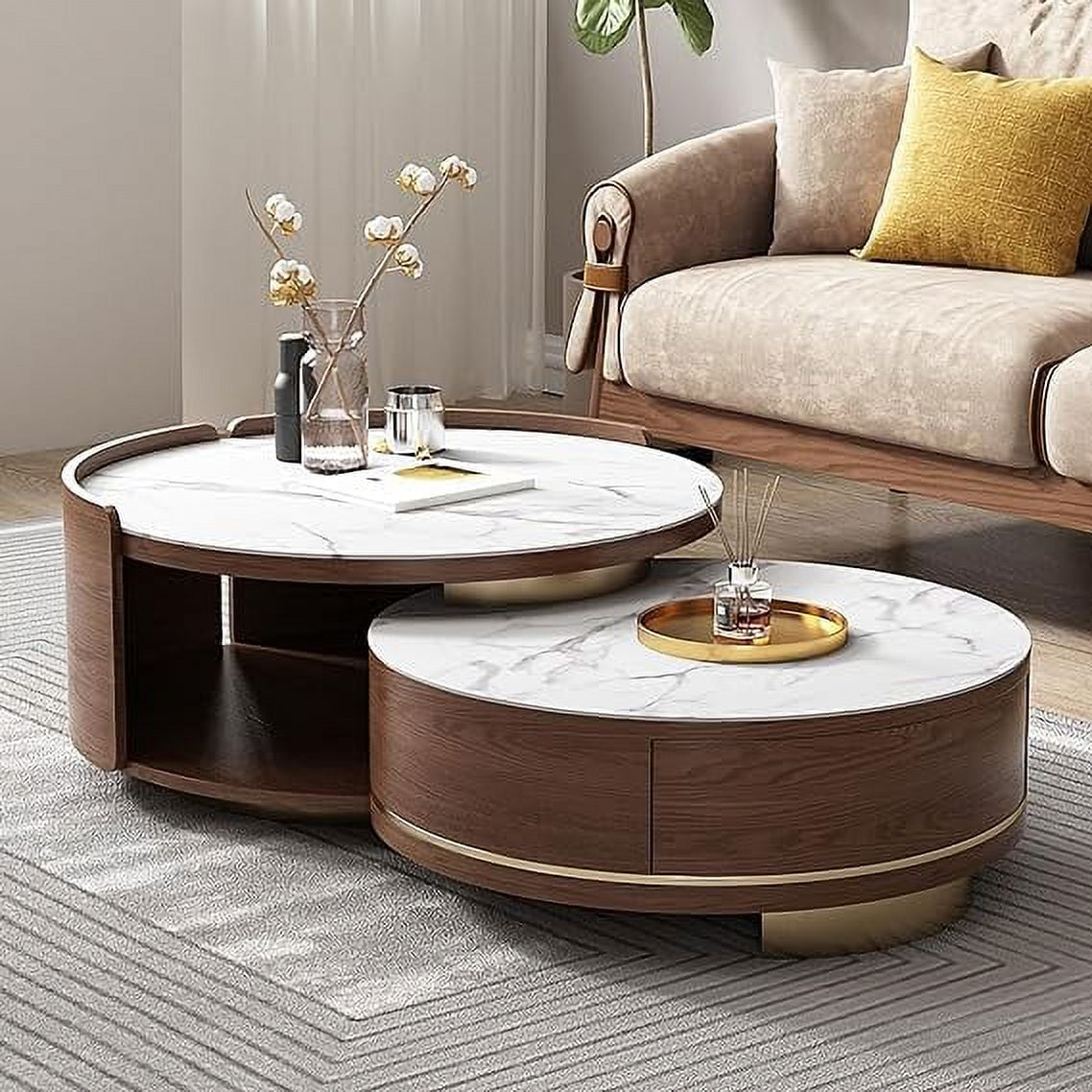 Lartis Round Rock Slab Coffee Table Set, Retractable Thoughtful Design ...