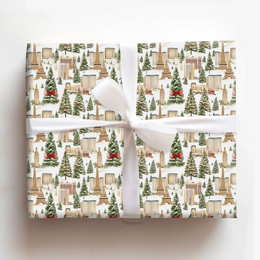 Las Vegas Christmas Landmarks Holiday Gift Wrapping Paper with Eiffel ...