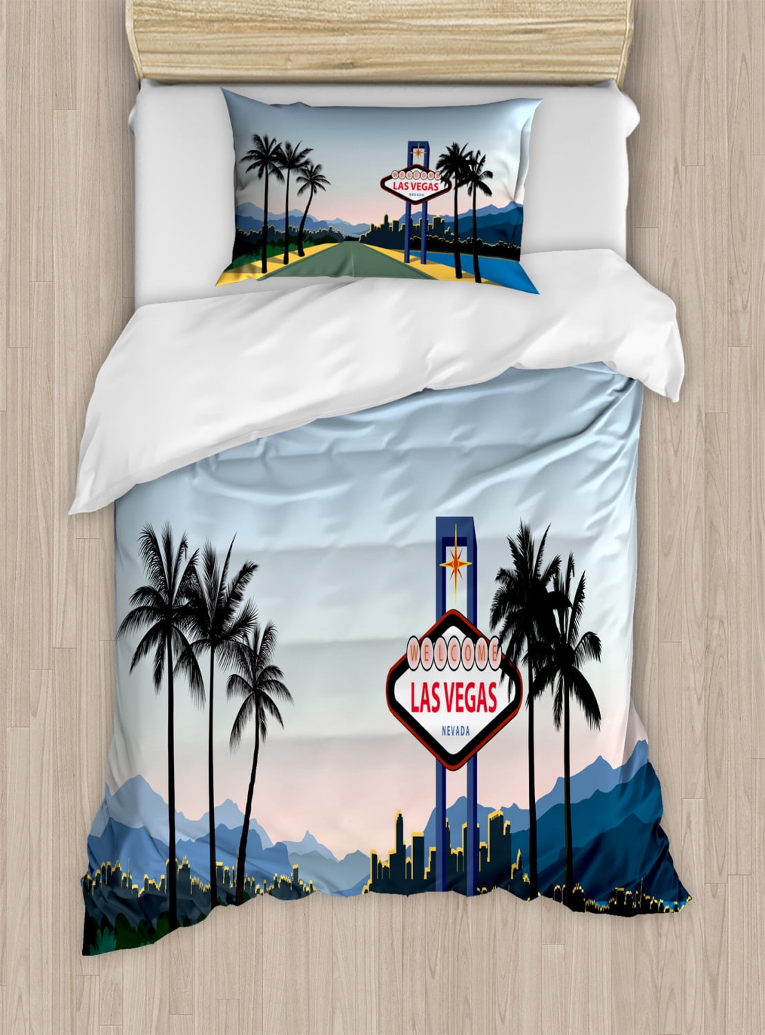 Las Vegas Duvet Cover Set Twin Size, Silhouette of the City with a ...