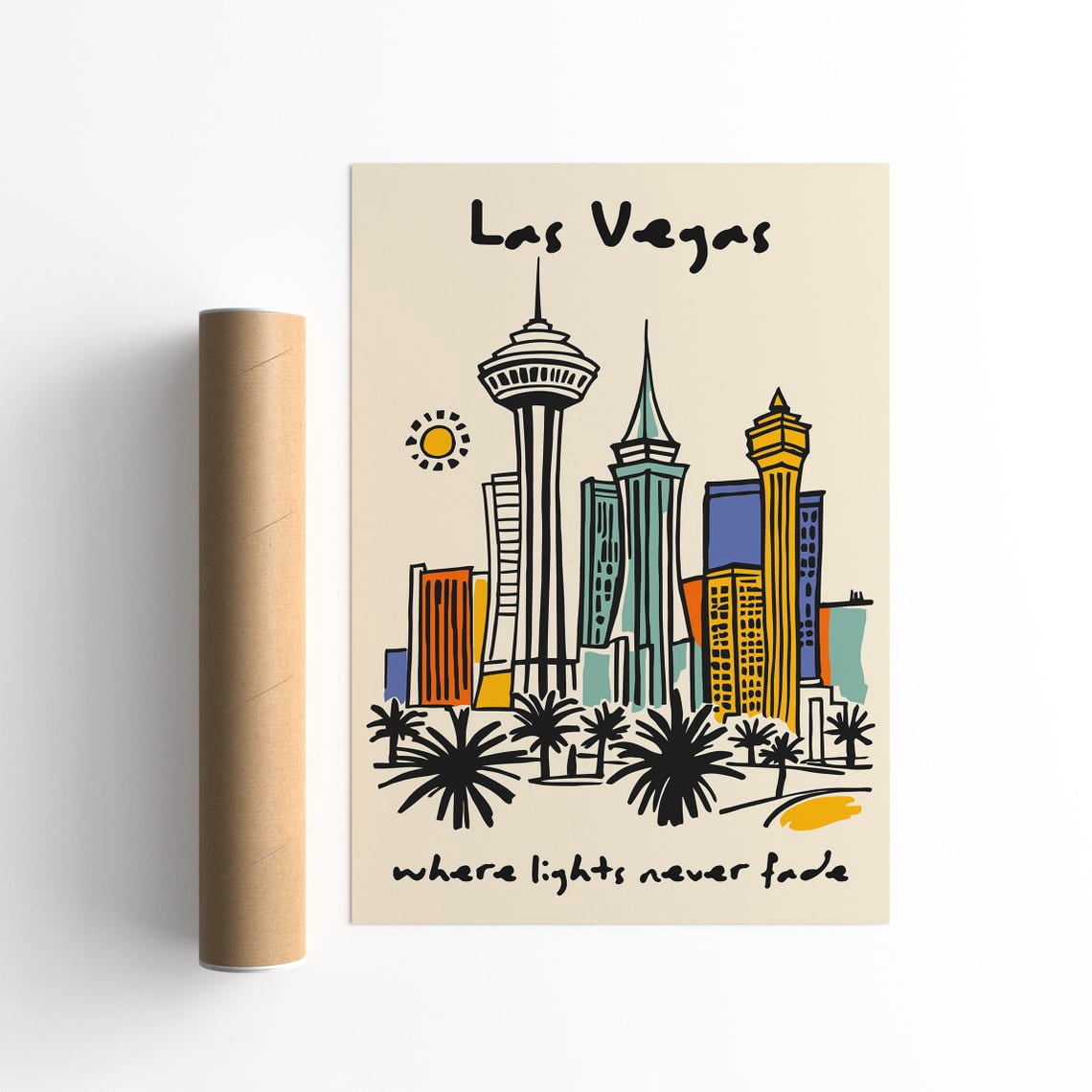 Las Vegas Skyline Art Retro City Lights Travel Poster, Unframed Canvas ...
