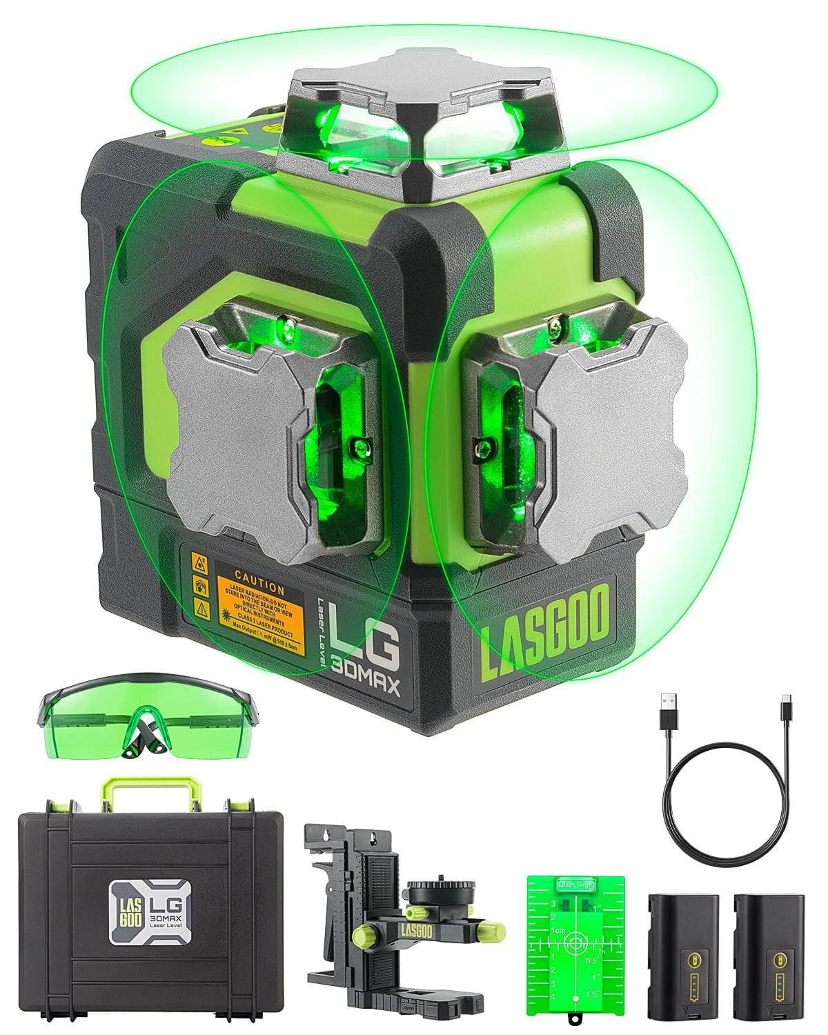 LasGoo LG-3DMAX 3x360° Green Laser Level, 3D Self-Leveling Line Laser with 2 Rechargeable ...