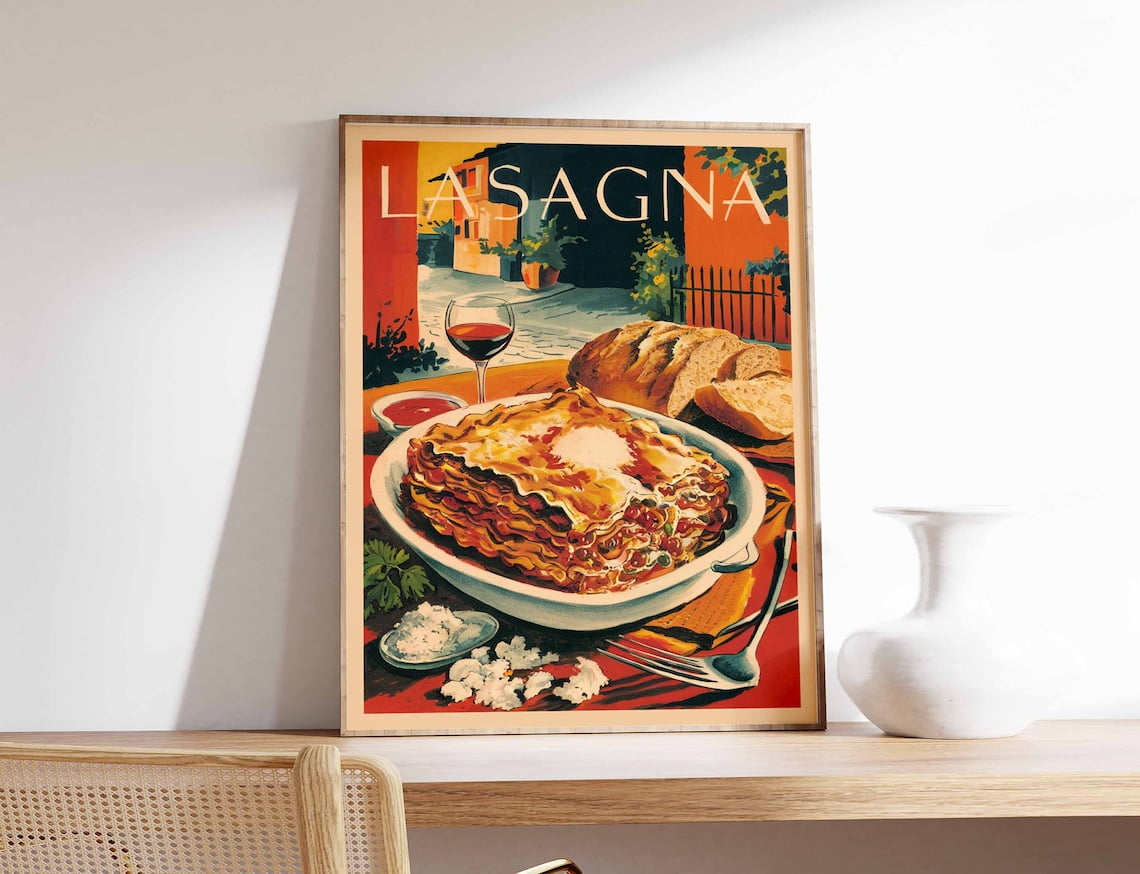 Lasagna Poster, Italian Food Art, Italian Cuisine Poster, Kitchen Decor, Kitchen Poster, Food ...