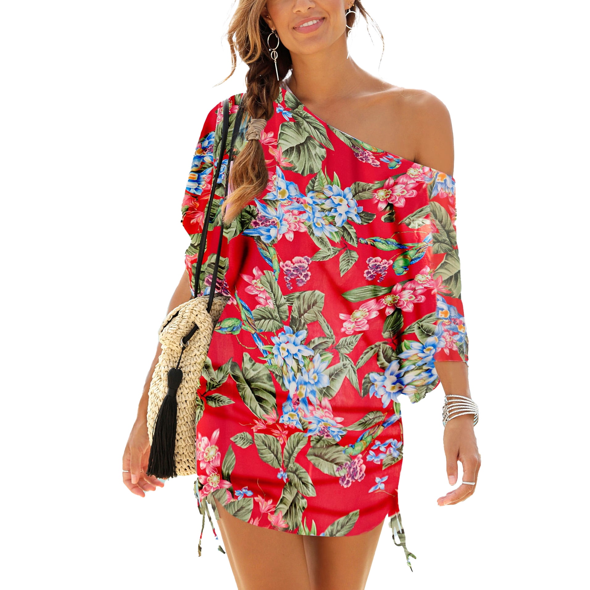 Lascana Women's Ruched Drawstring Dress Red Printed 8/10 - Walmart.com