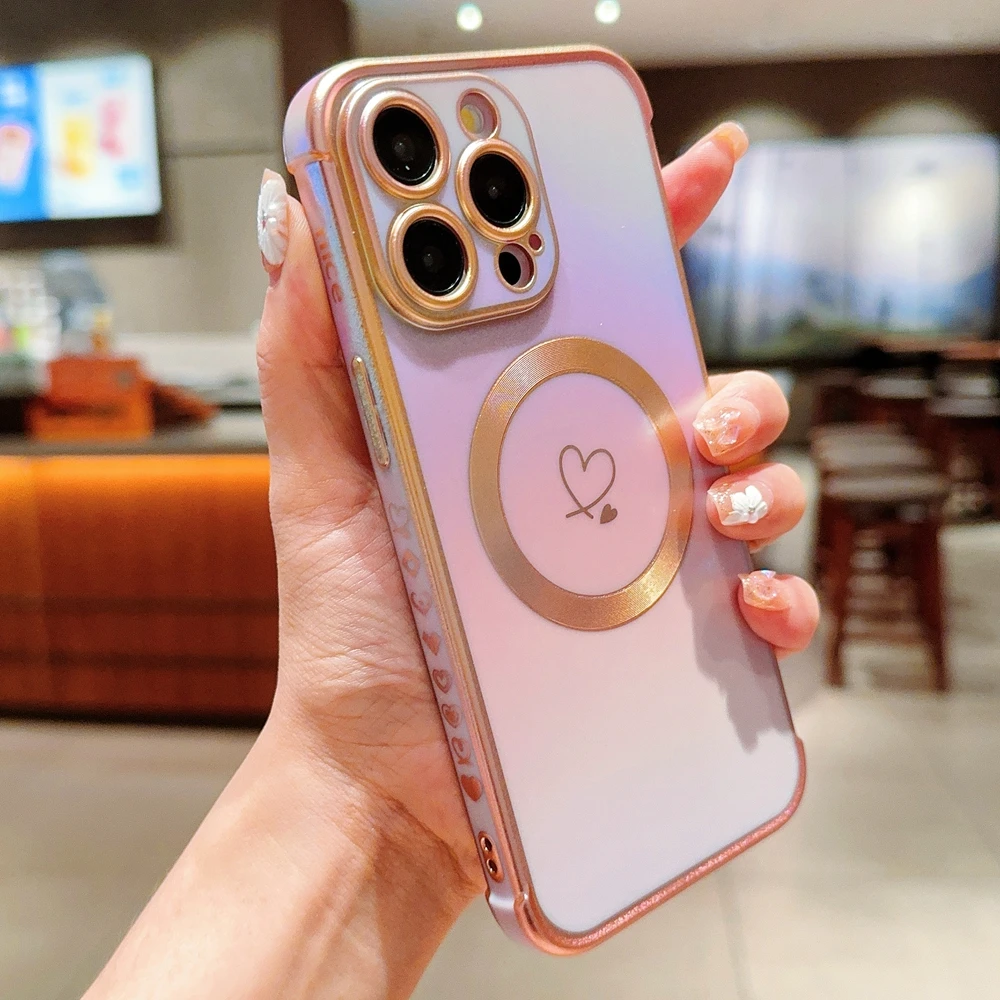 Laser Colorful Love Heart Magnetic Case for iPhone 16 15 ProMax 12 13 ...