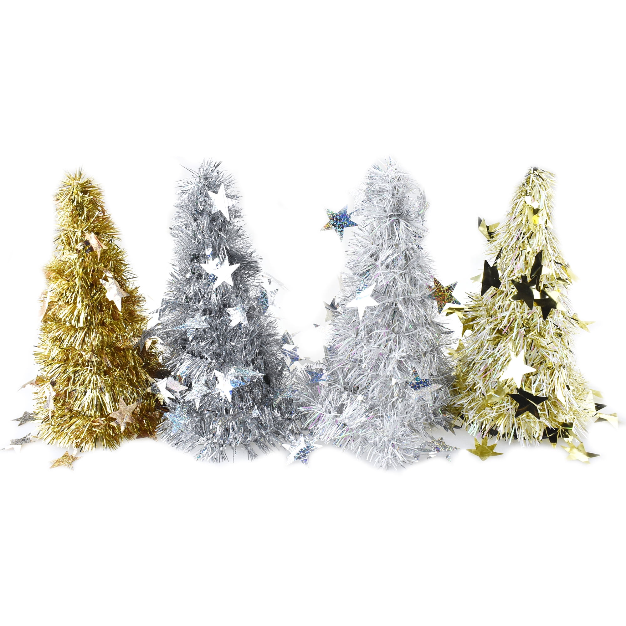 Laser Cut Star Tinsel Table Top Trees, Silver/Gold, 10-Inch, 4-Piece ...