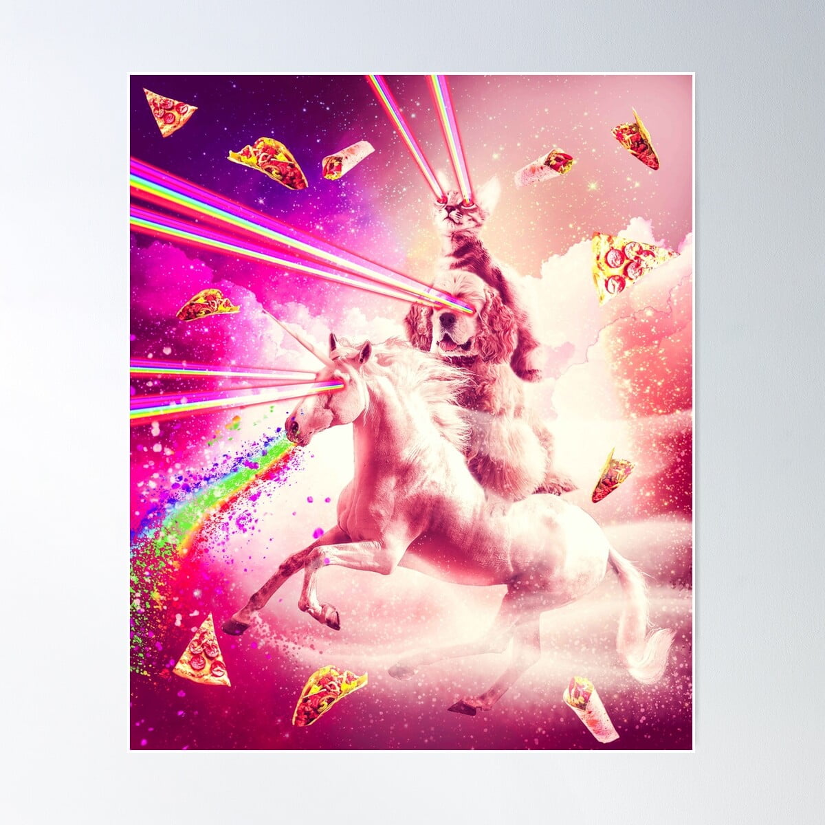 Laser Eyes Space Cat Riding Dog, Unicorn - Rainbow Poster Wall Art ...