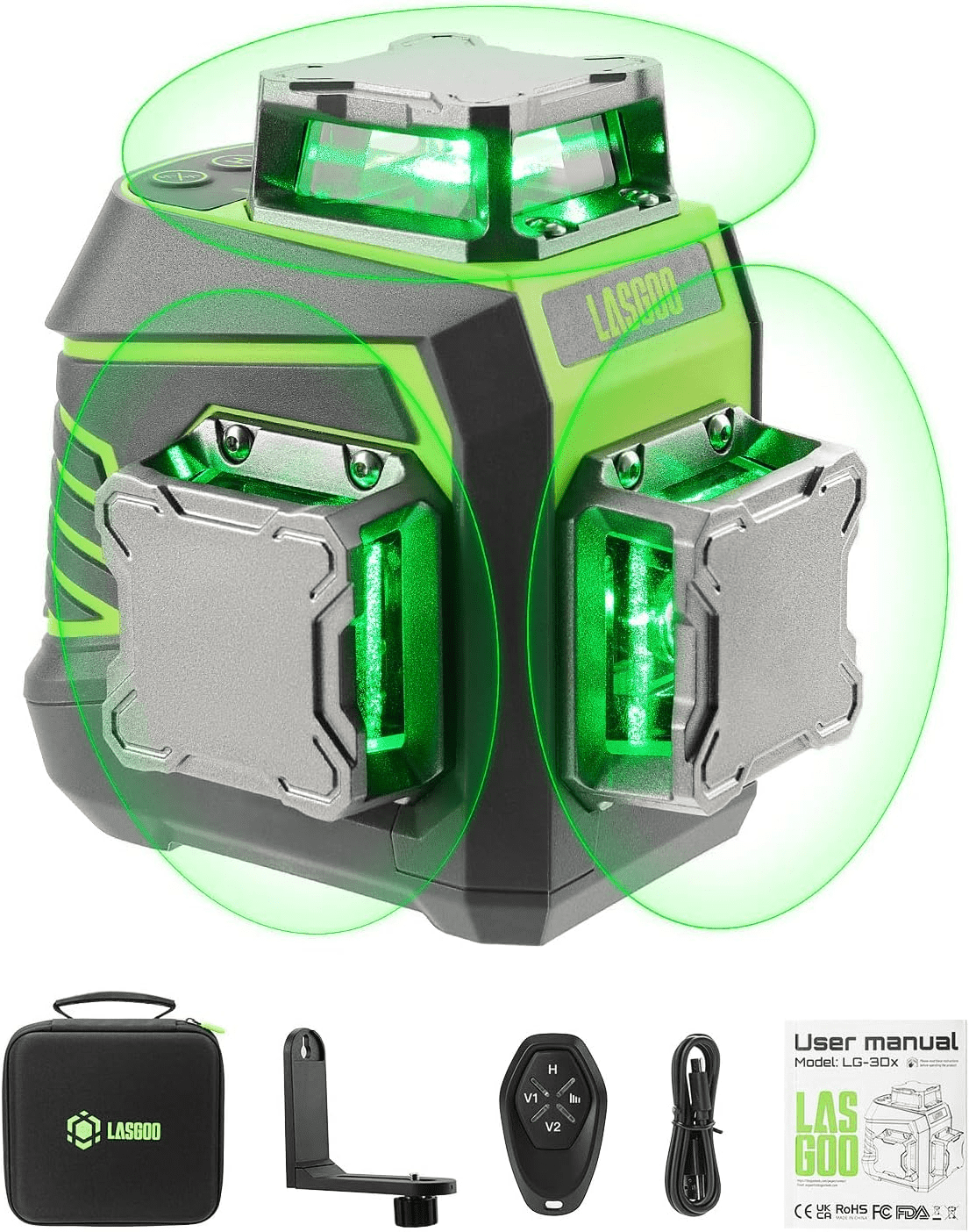 LASGOO Laser Level 3x360° Green Beam Cross Line Self-Leveling with ...