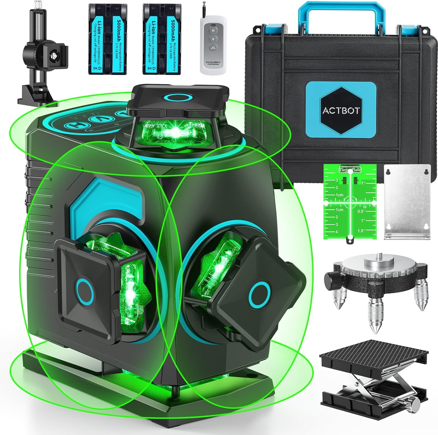 Laser Level Self-Leveling 360 Green 4-Plane 4D 16 Line 10000mAh All-Inclusive Kit Swivel Level ...