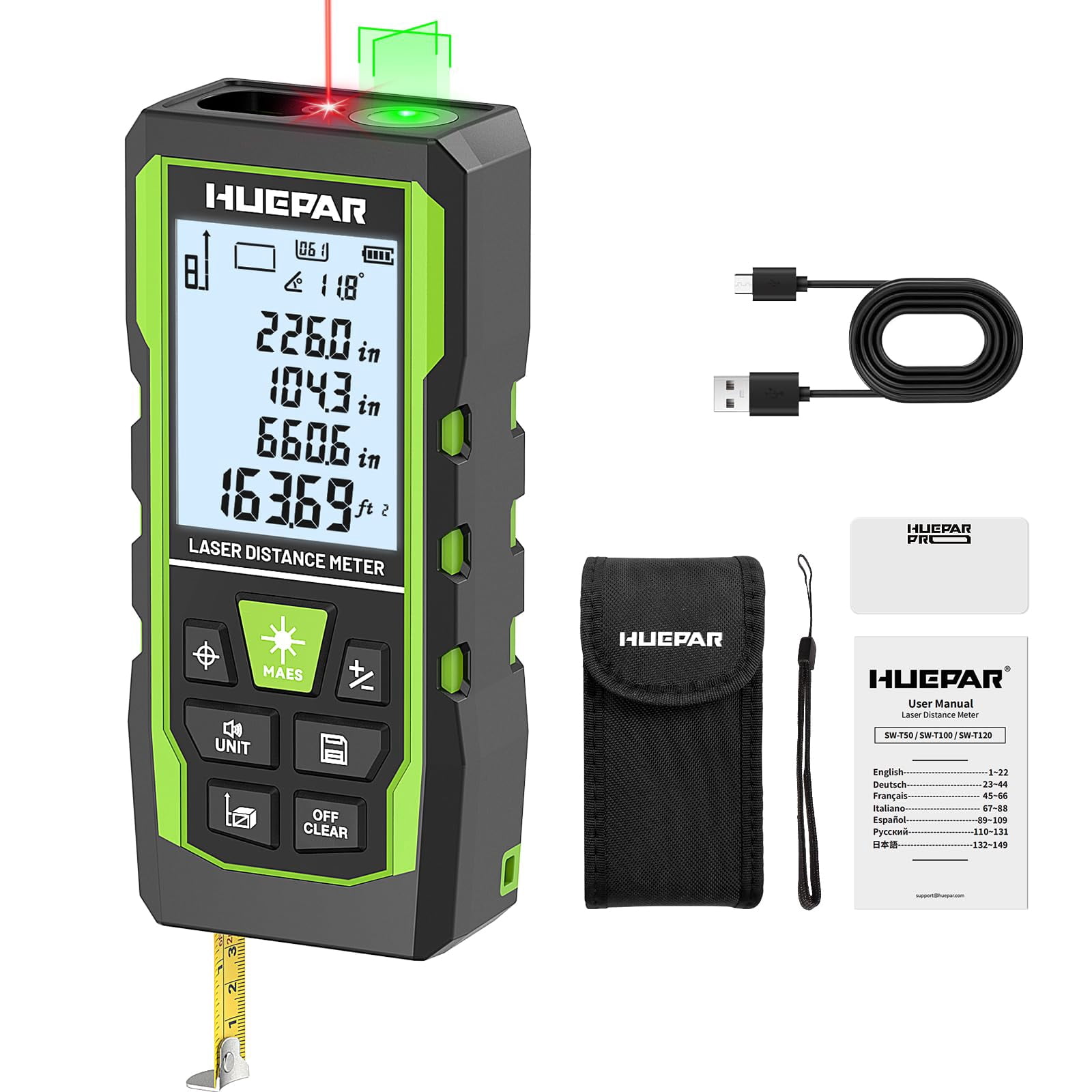 Laser Measuring Tool 3-in-1, Huepar 165 Ft Laser Measure & 33 Ft Green ...