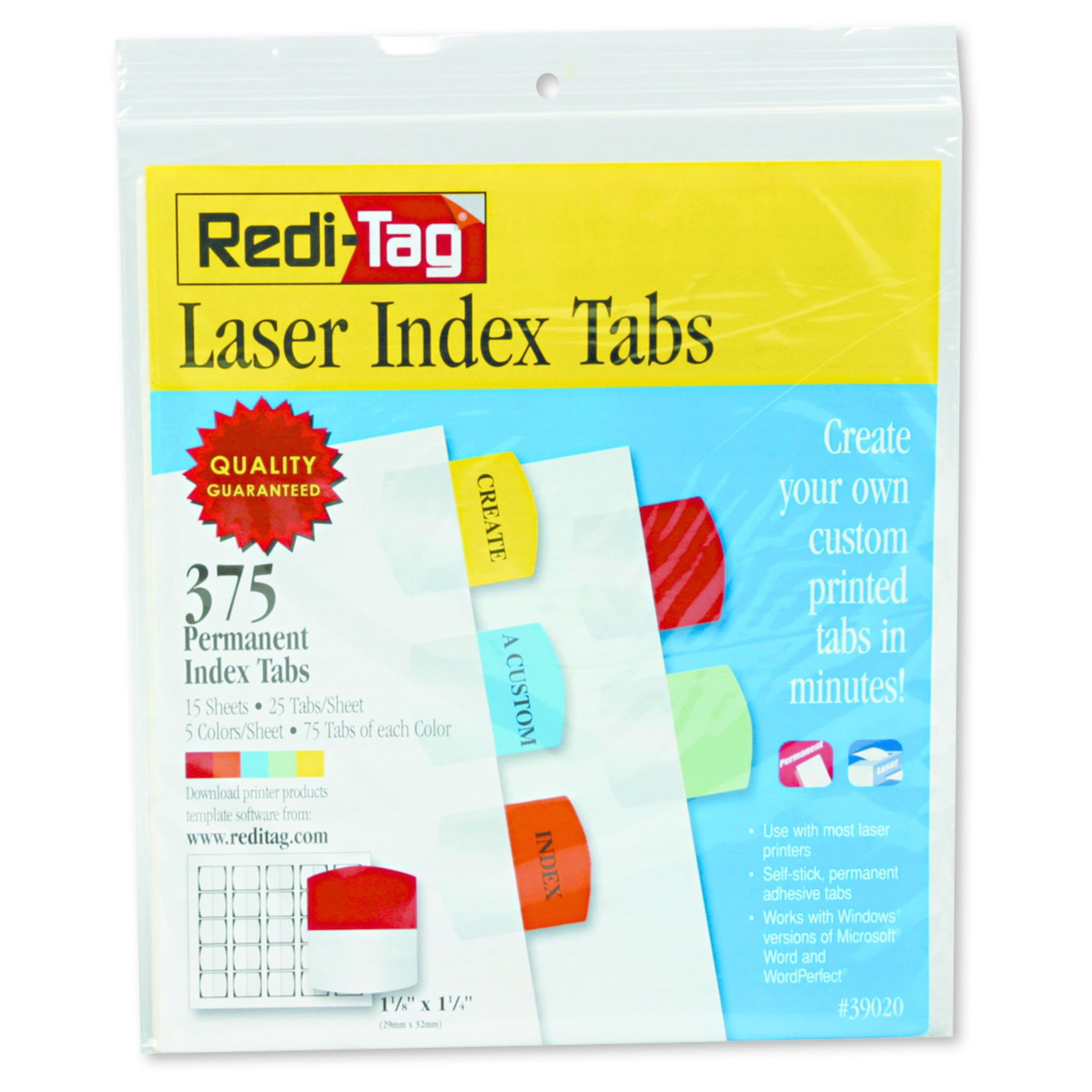 Laser Printable Index Tabs, 1 1/8 x 1 1/4, 5 Colors, 375/Pack: Multicolor Plastic Filing ...