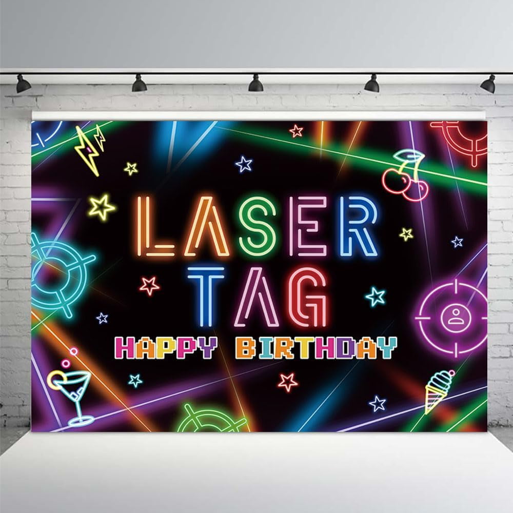 Laser Tag Happy Birthday Backdrop Neon Glow Birthday Party Photography ...