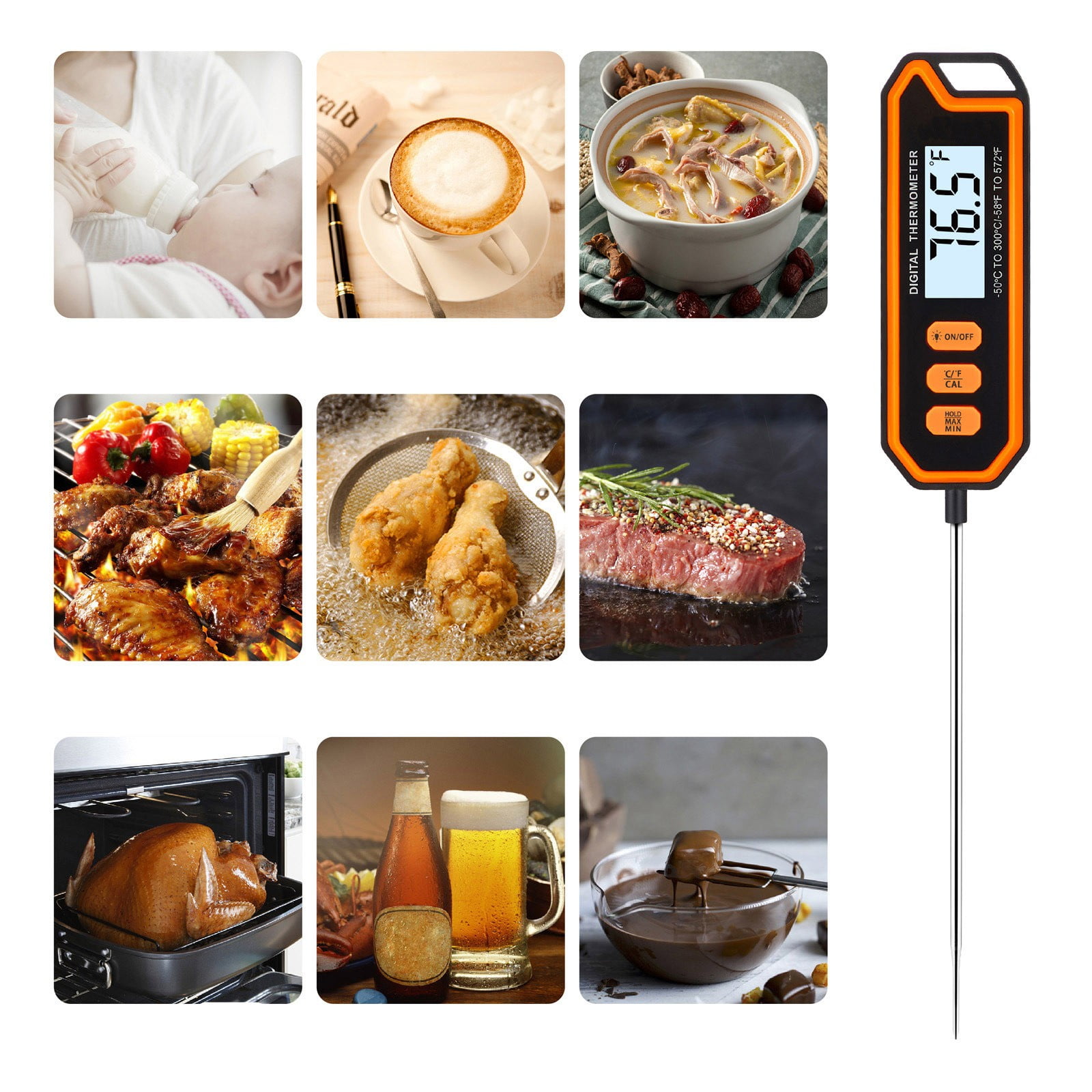 Laser Thermometer Gun Waterproof and Long Probe For Food, Bread Baking ...