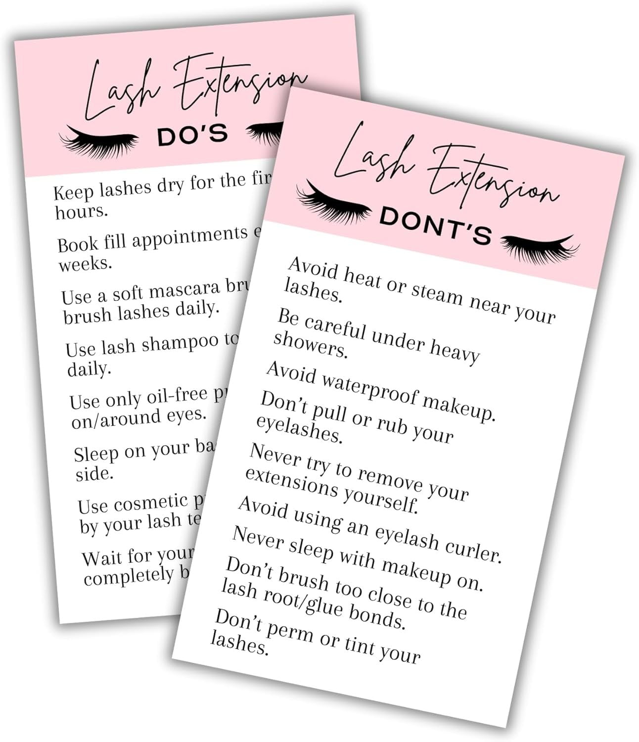 Lash Aftercare Dos & Donts Card 50 Pack Eyelash Extensions 2x3.5 inches ...