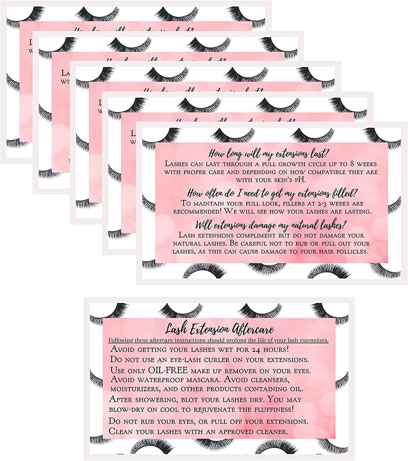 Lash Extension Aftercare Instructions Card 100 Pack Size 3.5x2" inches ...
