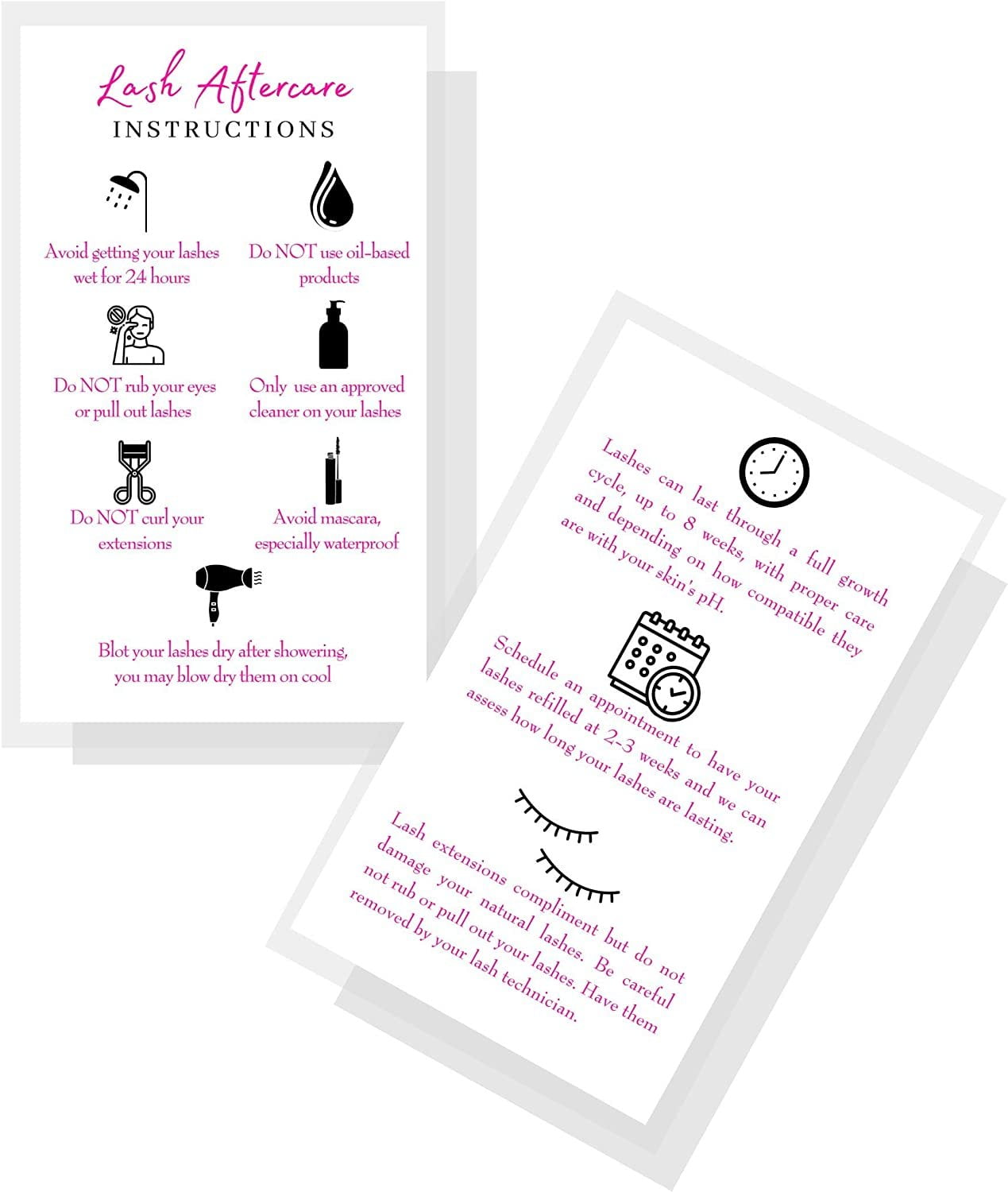 Lash Extension Aftercare Instructions Cards 50 Pack Double Sided Size 3 ...