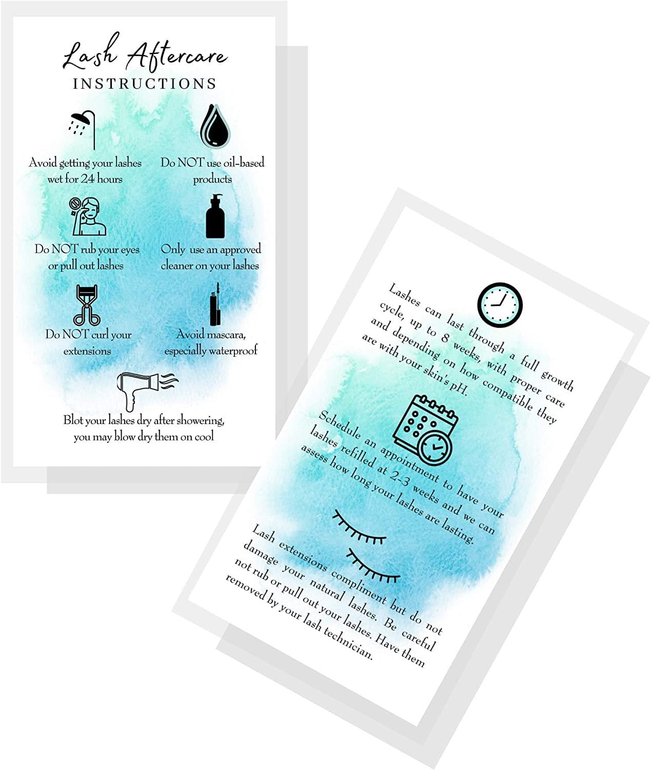 Lash Extension Aftercare Instructions Cards 50 Pack Double Sided Size 3 ...