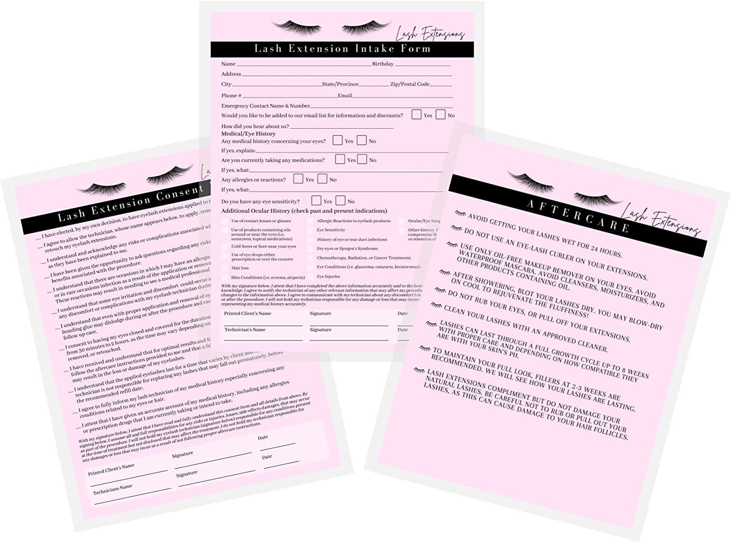 Lash Extension Consent Form, Intake Form, Aftercare Form 75 Pack 8.5x11 ...