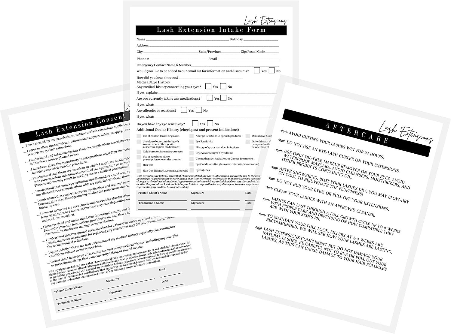 Lash Extension Consent Form, Intake Form, Aftercare Form 75 Pack 8.5x11 ...