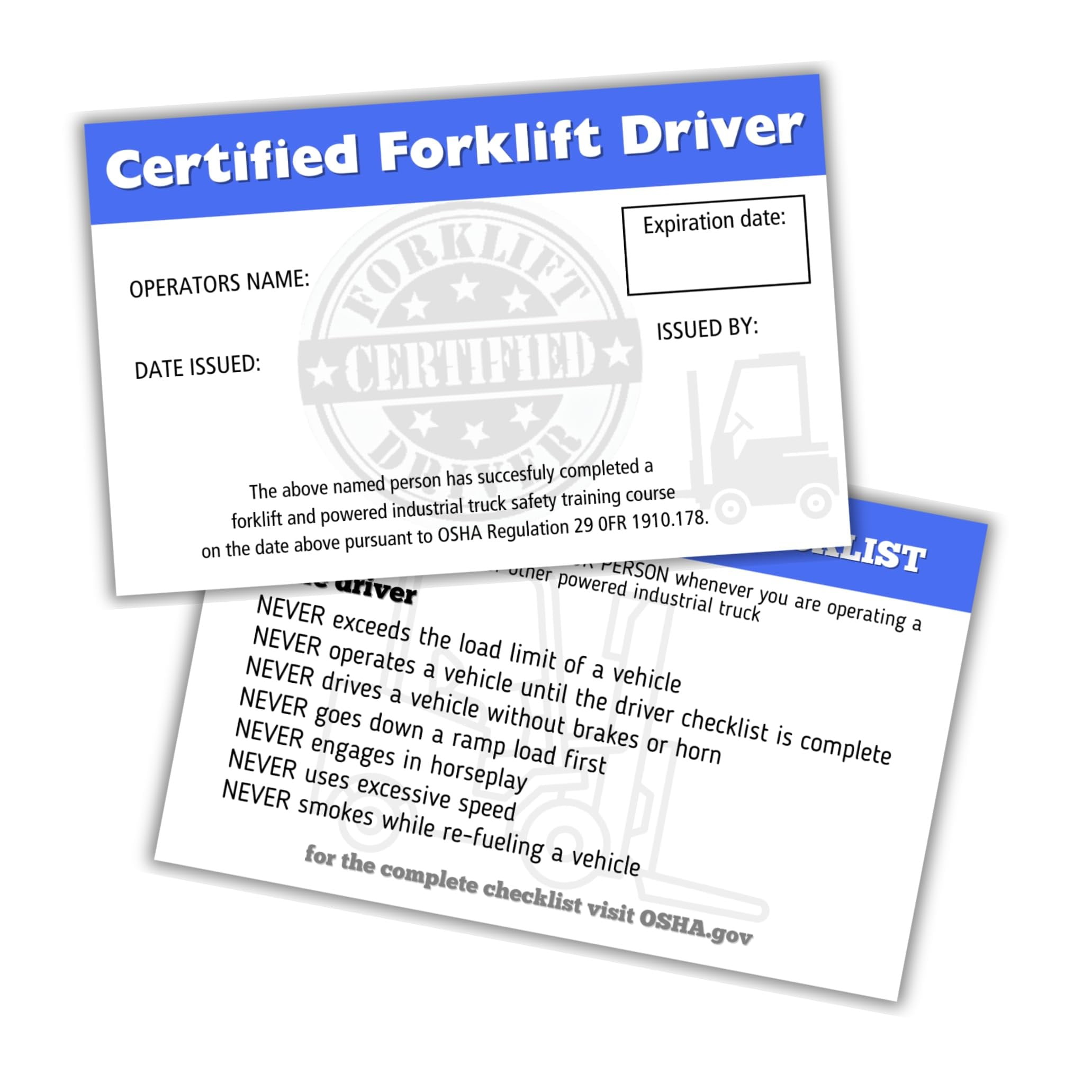 Lashicorn Qualified Forklift Operator Certification Card 30 pk 2x3.5 ...