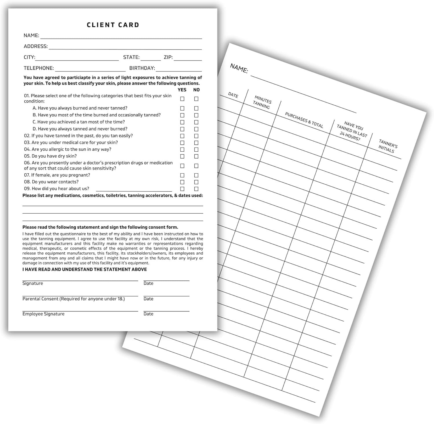 Lashicorn Tanning Client Information Card for Clients 100 pk 5.5 x 8.5 ...