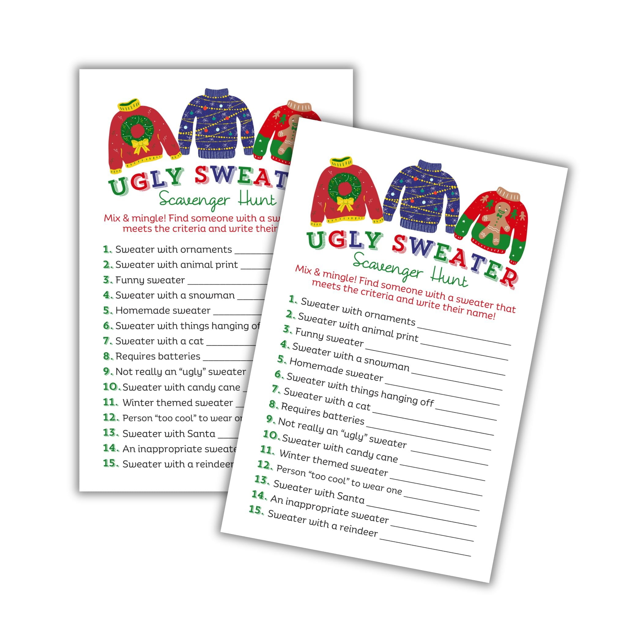 Lashicorn Ugly Christmas Sweater Party Scavenger Hunt Game 30 pk 5.5 x ...