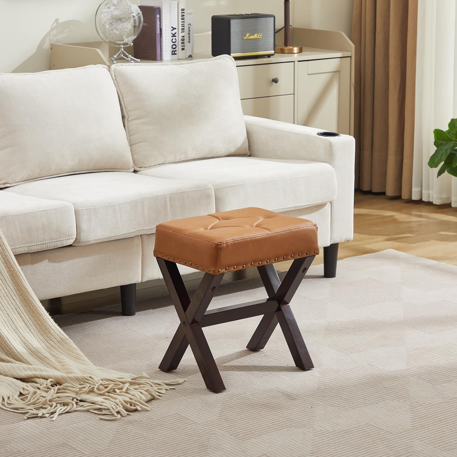 Lasigeli Square Makeup Stool with Rivets Wood X-Legs,Modern Vanity ...