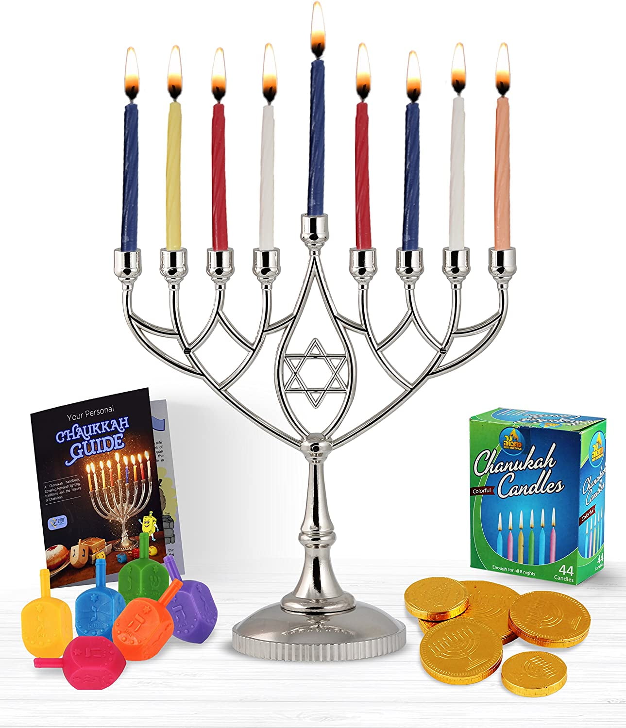 Zion Judaica Hanukkah Kit - 9" Menorah, 44 Candles, Guide, 4 Dreidels ...