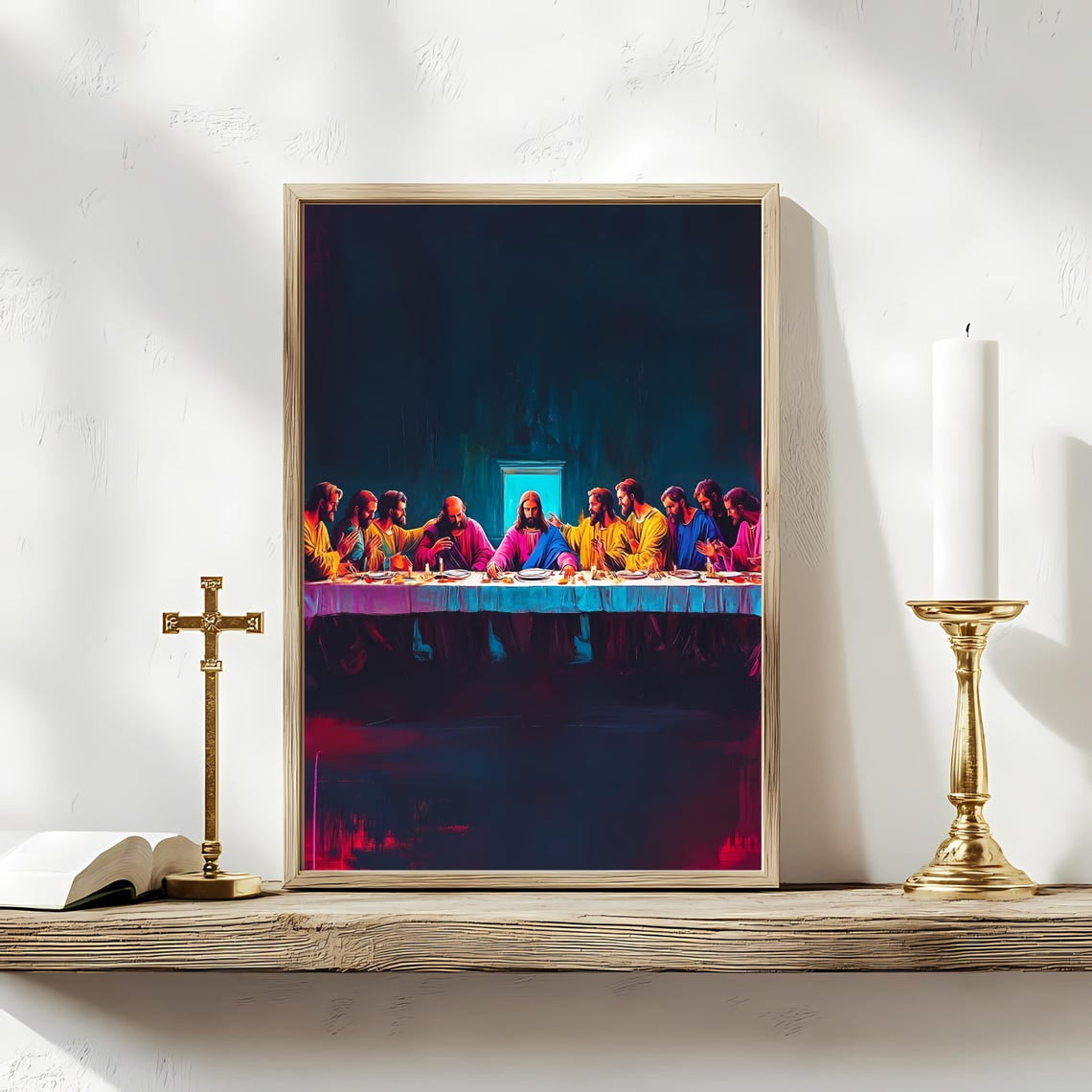 The Last Supper Blue Glow, Modern Neon Christian Wall Art, Jesus And ...