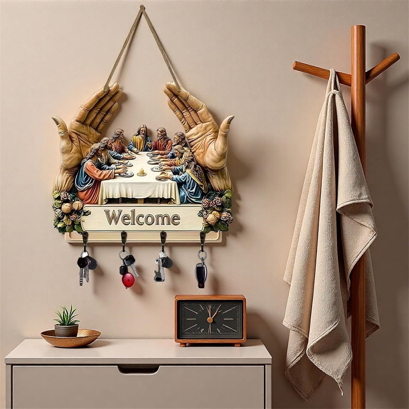 Last Supper Christian Wall Art Key Rack – Wooden Religious Key Holder ...
