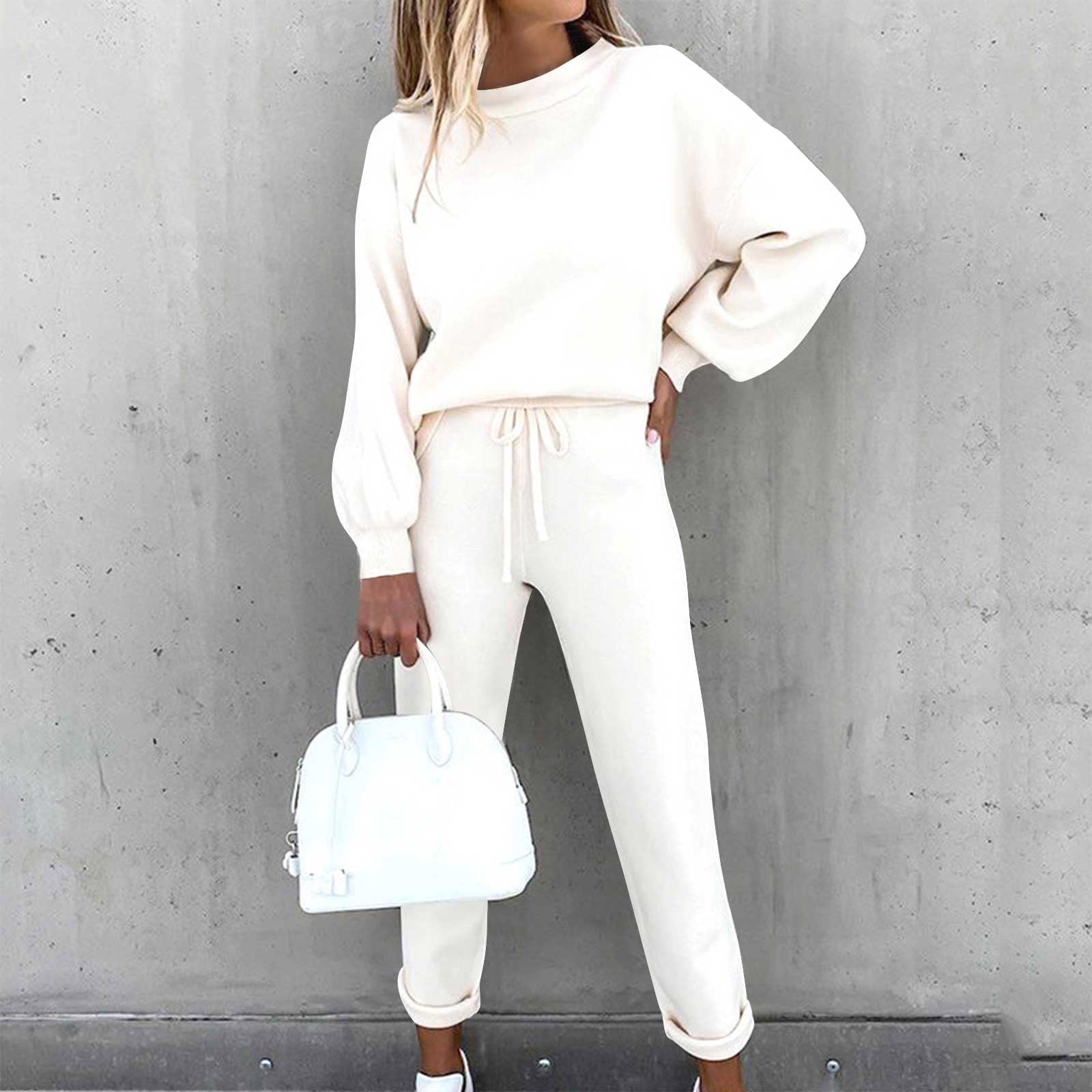 Amidoa 2 Pcs Lounge Sets for Women Lantern Sleeve Crewneck Sweatshirt ...