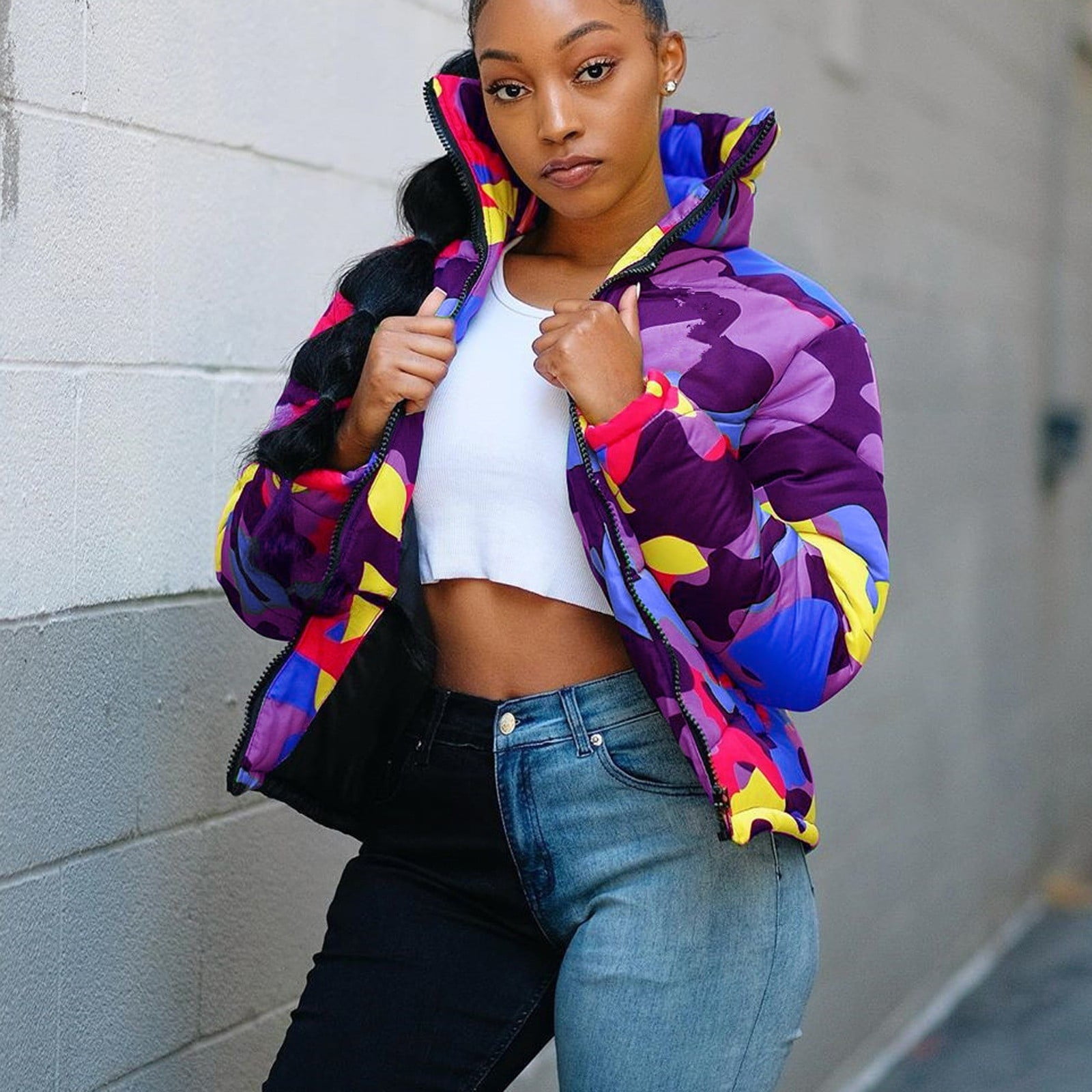 Amidoa Puff Jackets for Women Full Zipper Glossy Camouflage Bread Down ...