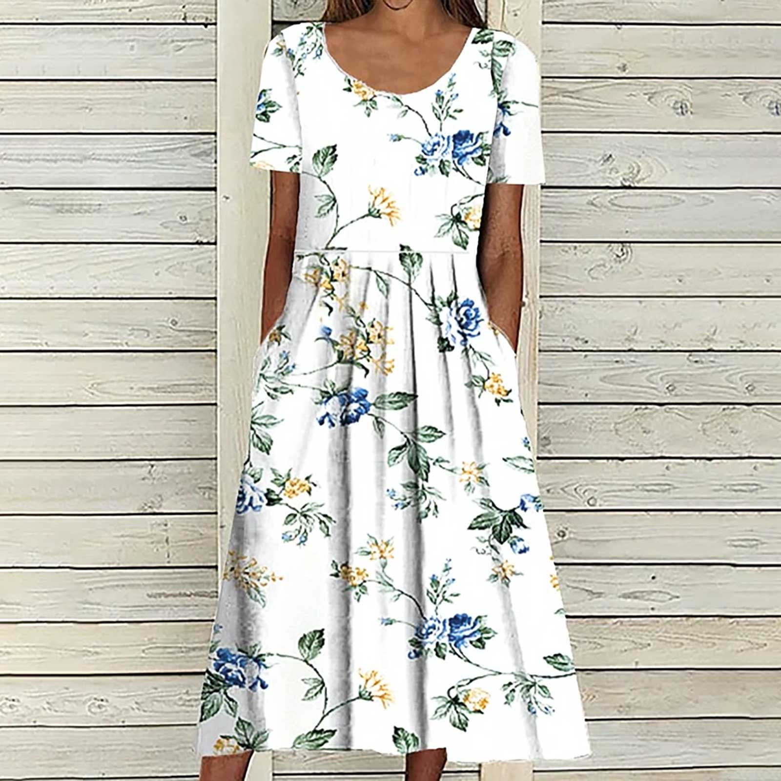 Lastesso Women Bohemian Floral Printed Sundress Short Sleeve Midi Dress ...